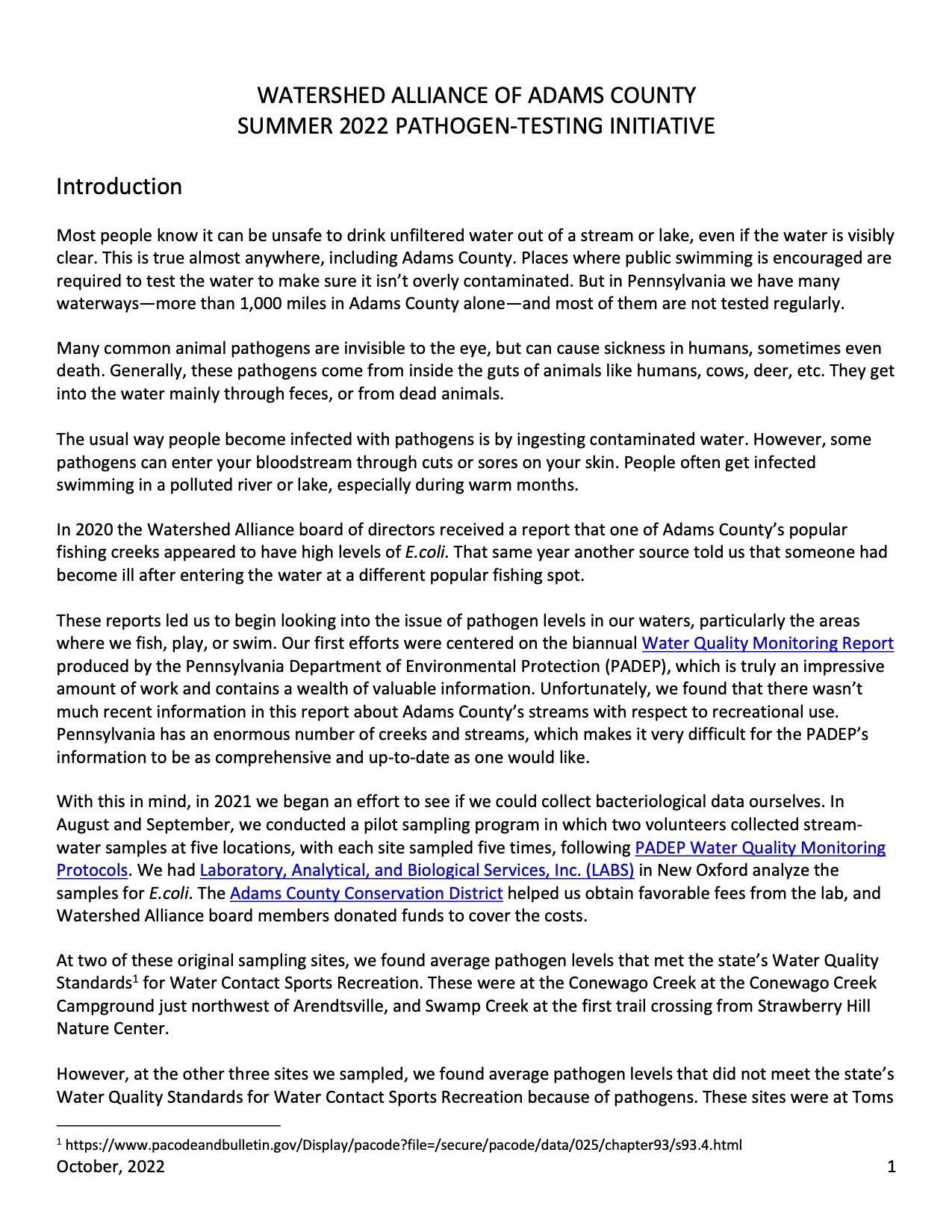 Pathogen testing report 2022 — Watershed Alliance of Adams County