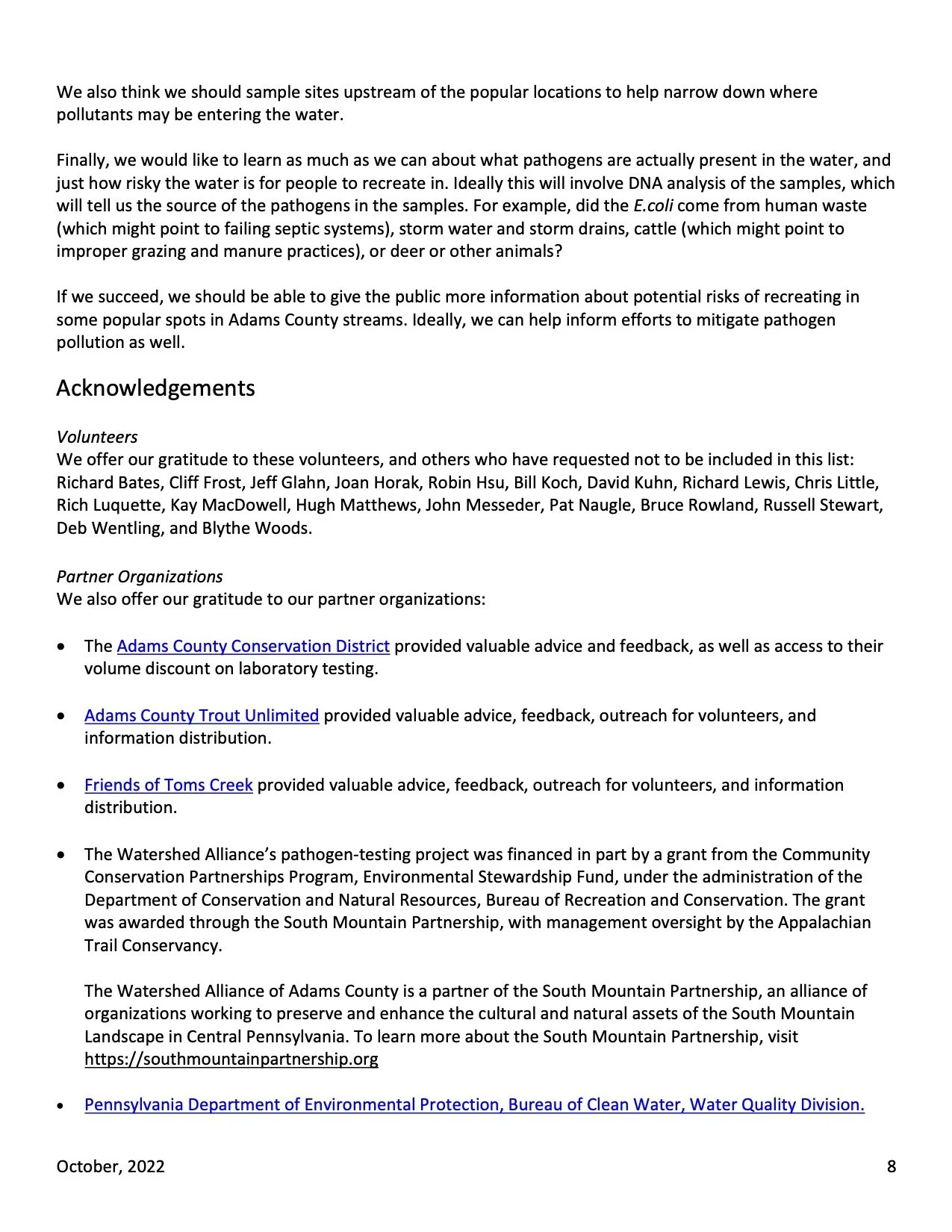 Pathogen testing report 2022 — Watershed Alliance of Adams County