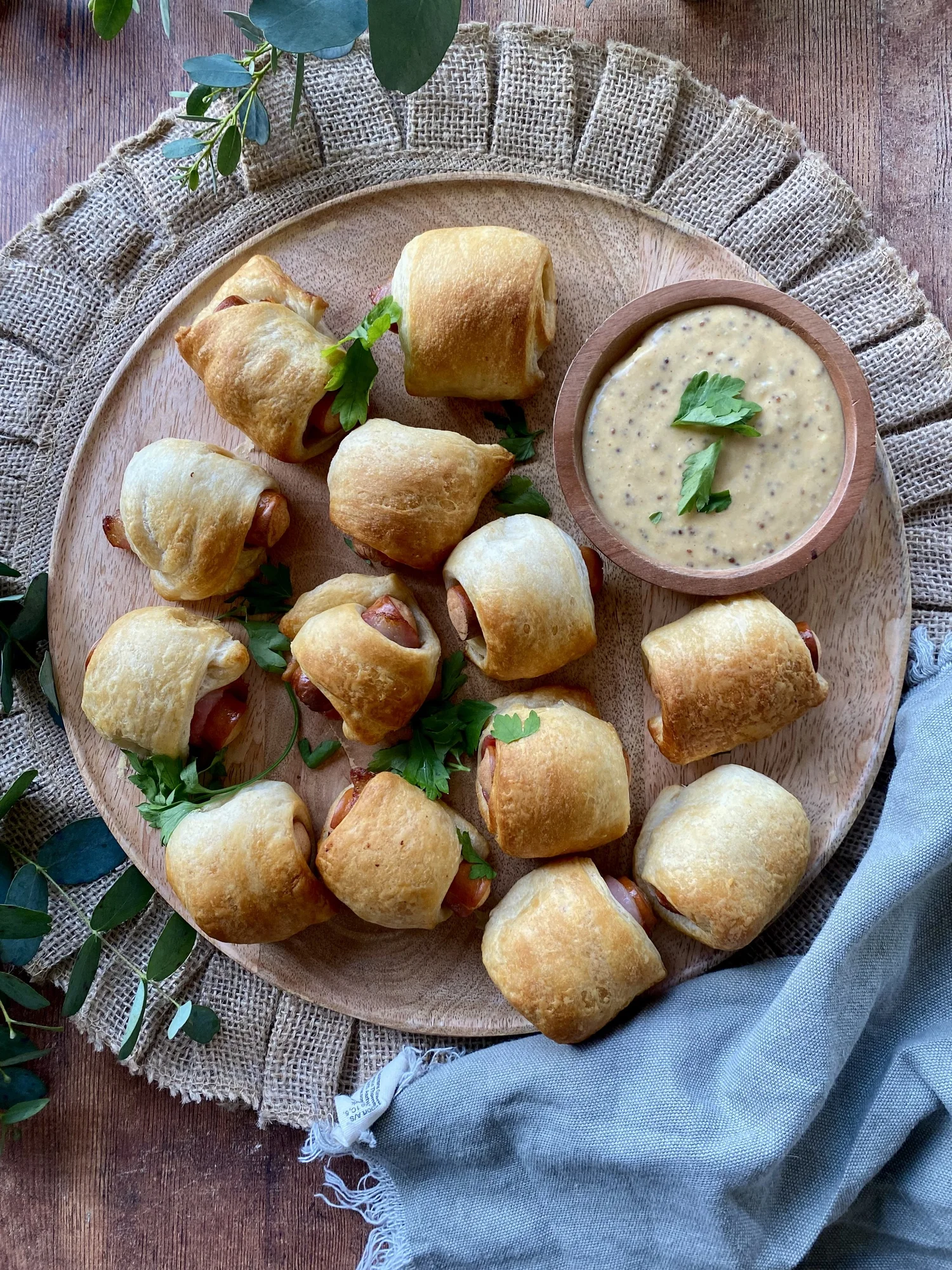 Bacon Wrapped Pigs in a Blanket with Spicy Whole Grain Mustard Dip