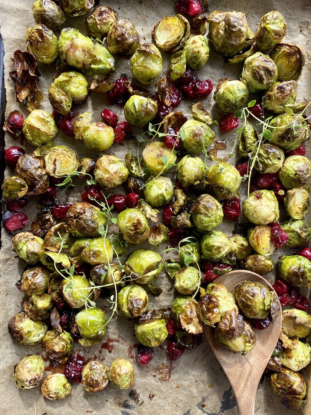 Maple Roasted Brussels Sprouts with Fresh Cranberries