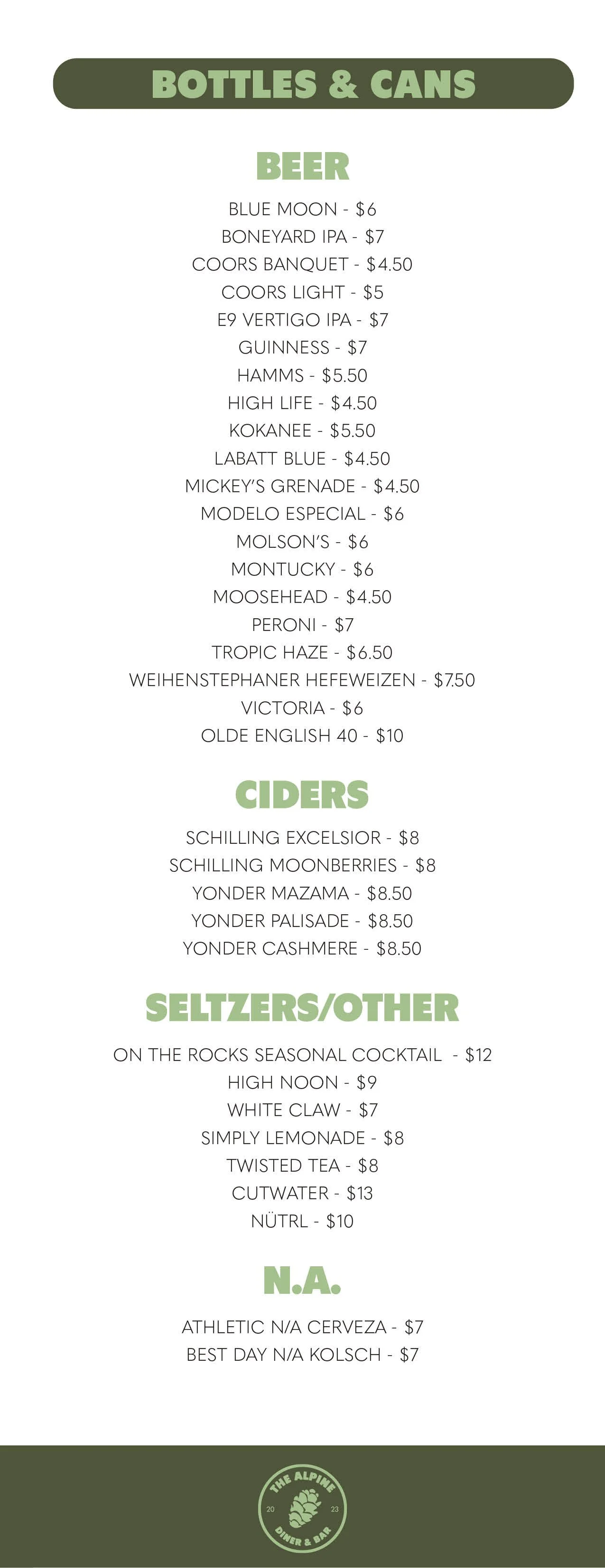 Drink Menu — The Alpine Diner
