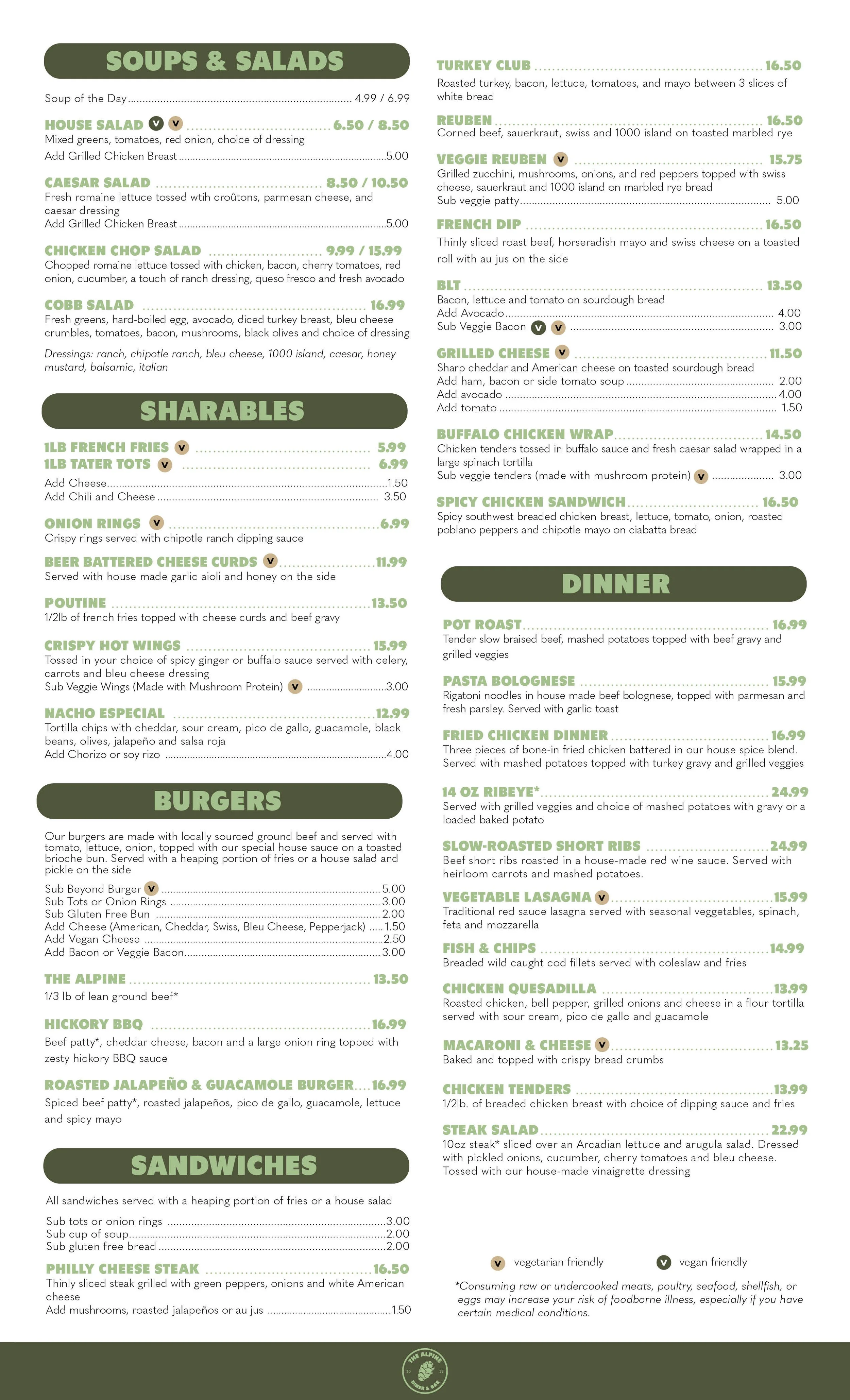 Food Menu — The Alpine Diner — The Alpine Diner