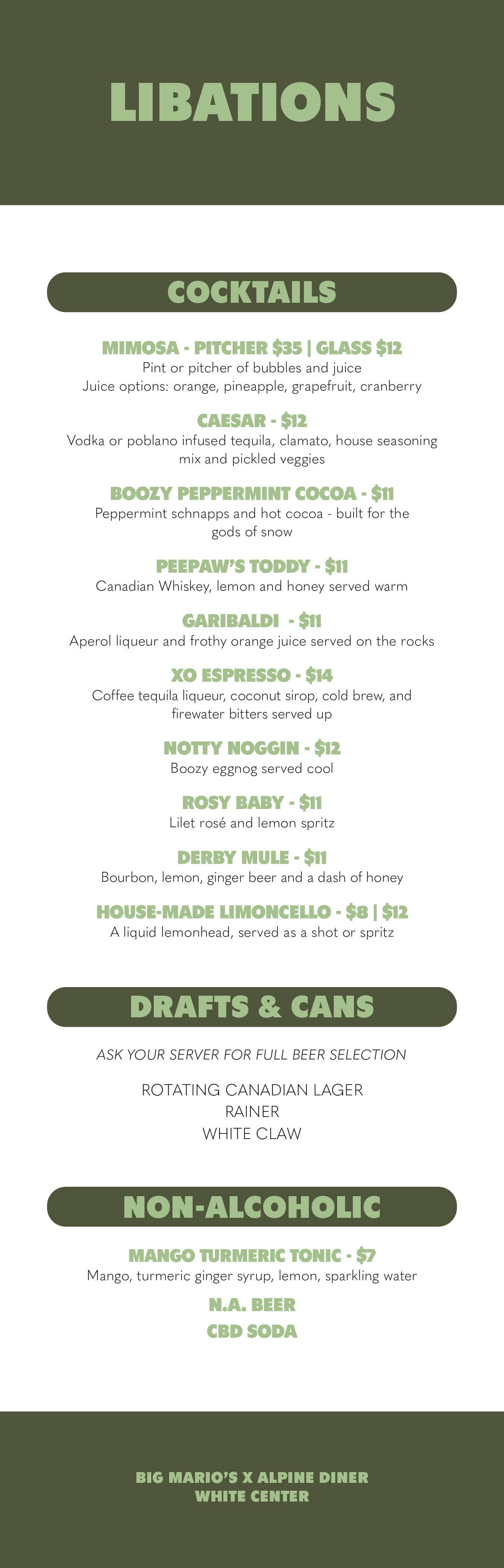 Drink Menu — The Alpine Diner — The Alpine Diner