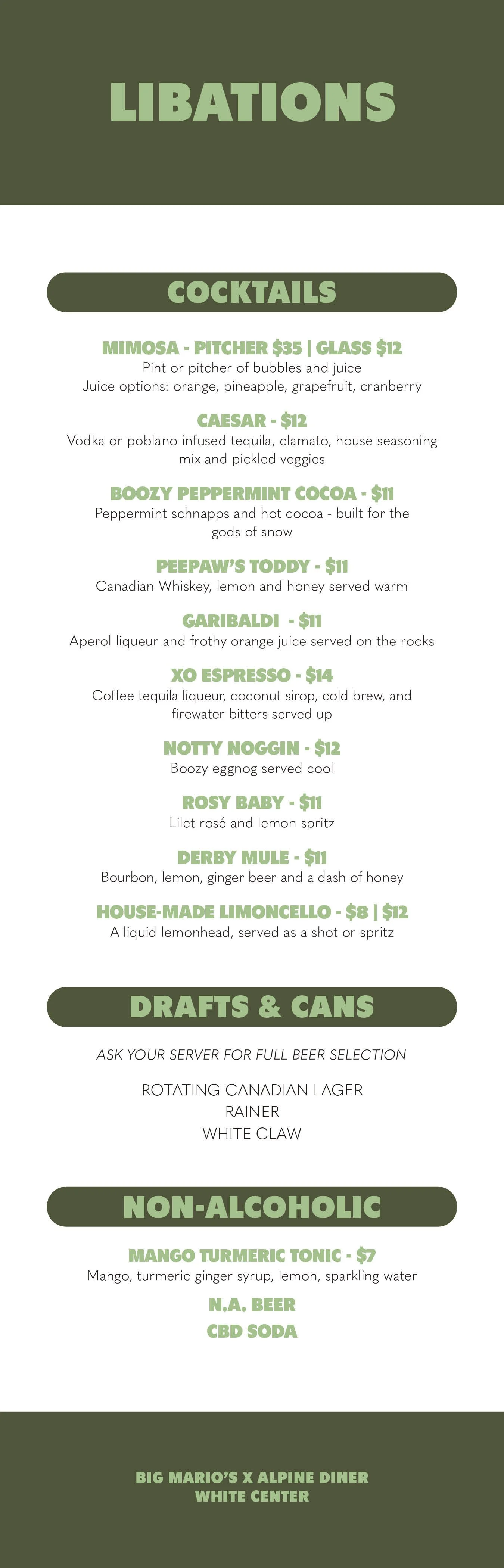 Drink Menu — The Alpine Diner — The Alpine Diner