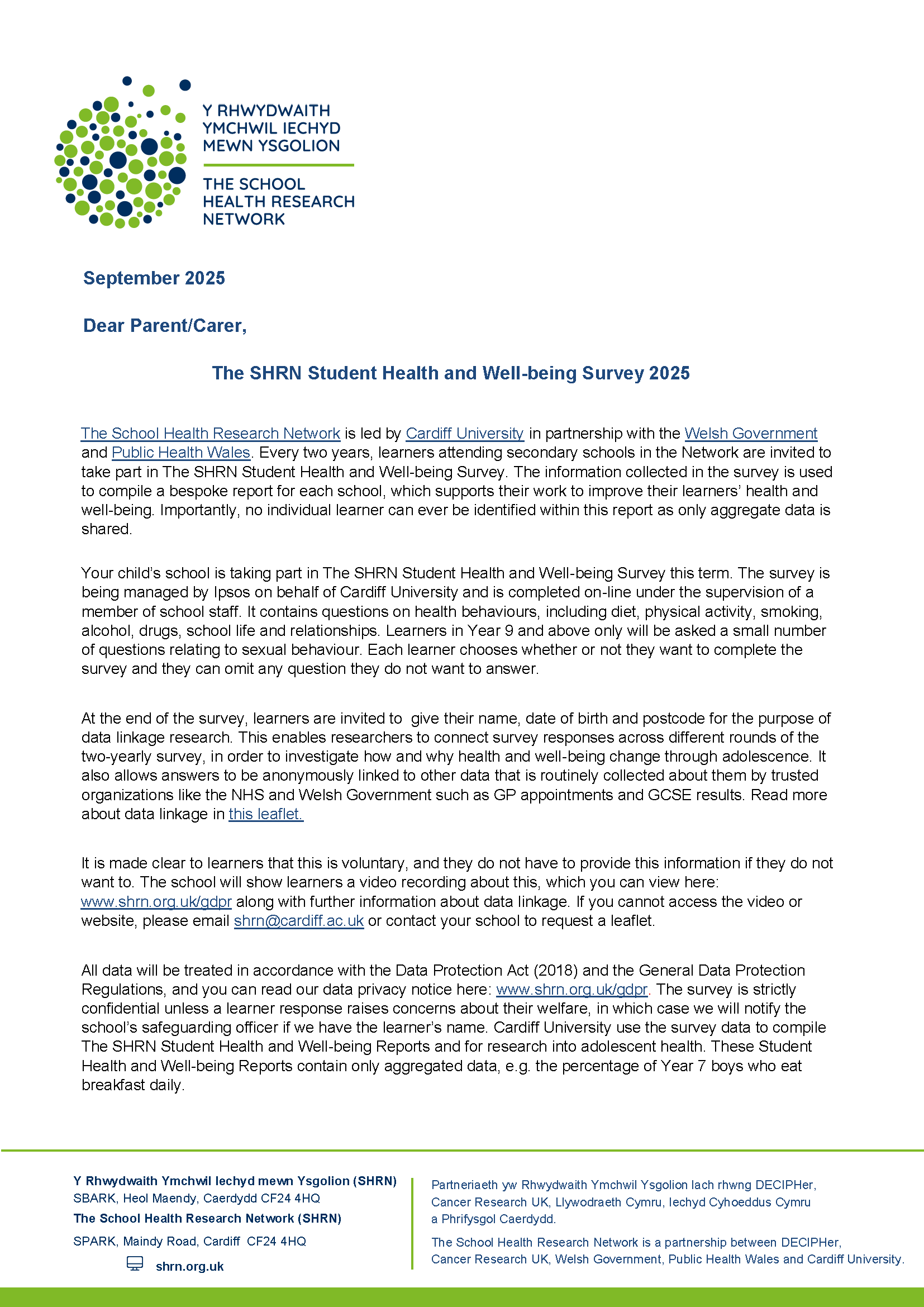 SHRN Survey Parent Letter — Dylan Thomas Community School