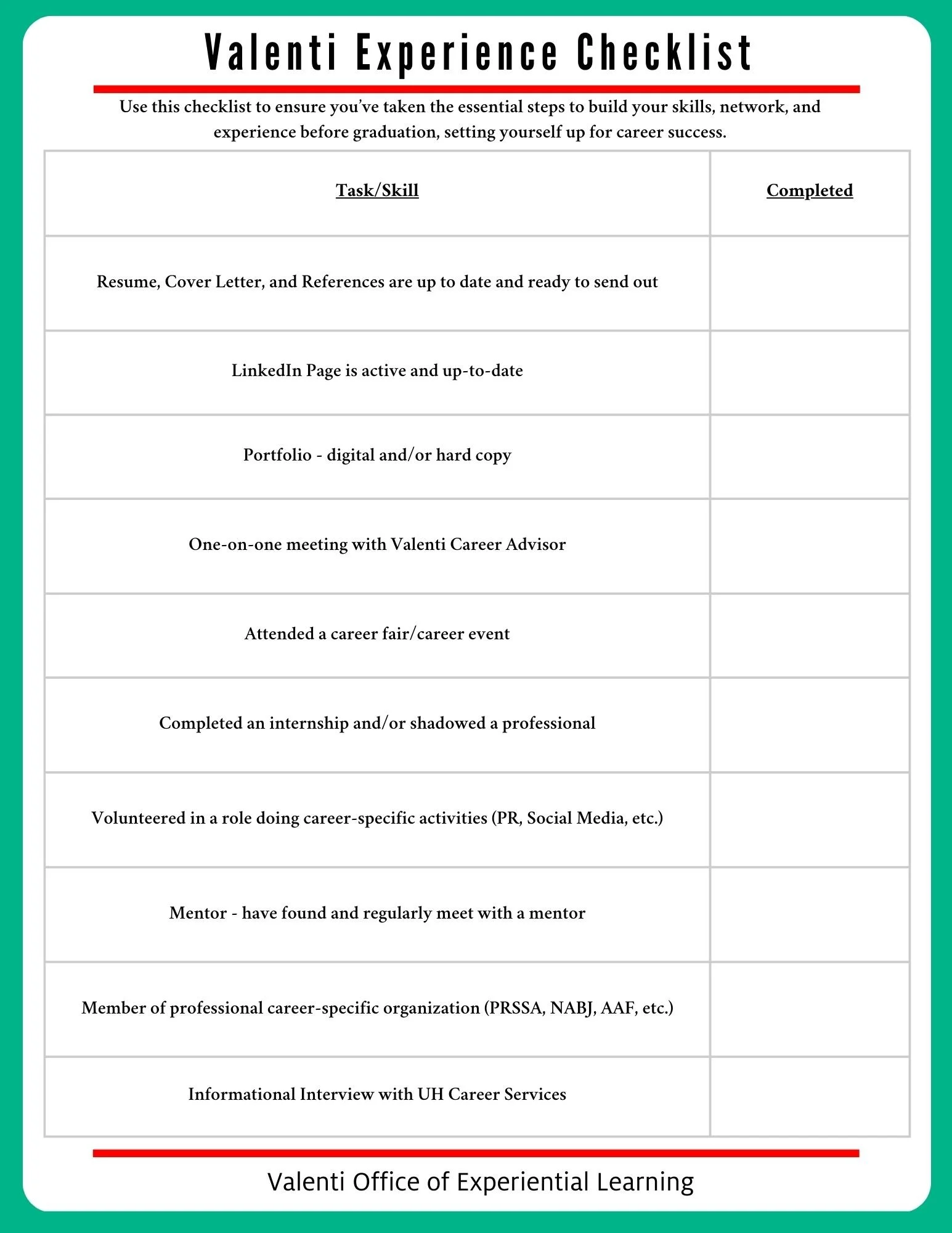 Valenti Experience Checklist — Experience Valenti