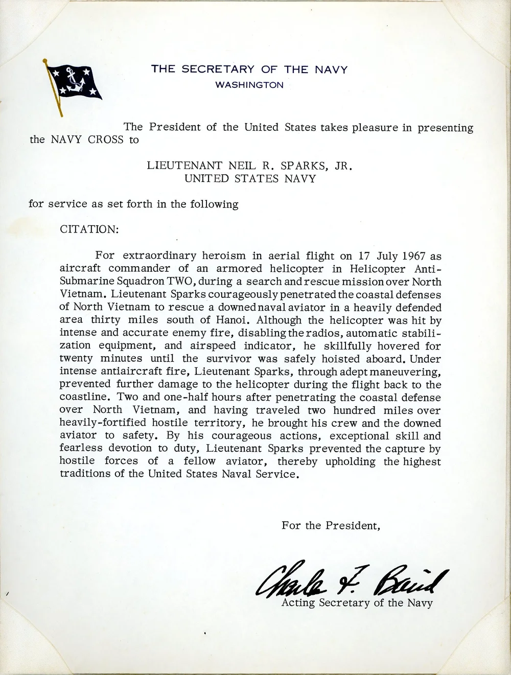 Navy Cross Citation — Cdr Neil R. Sparks Jr