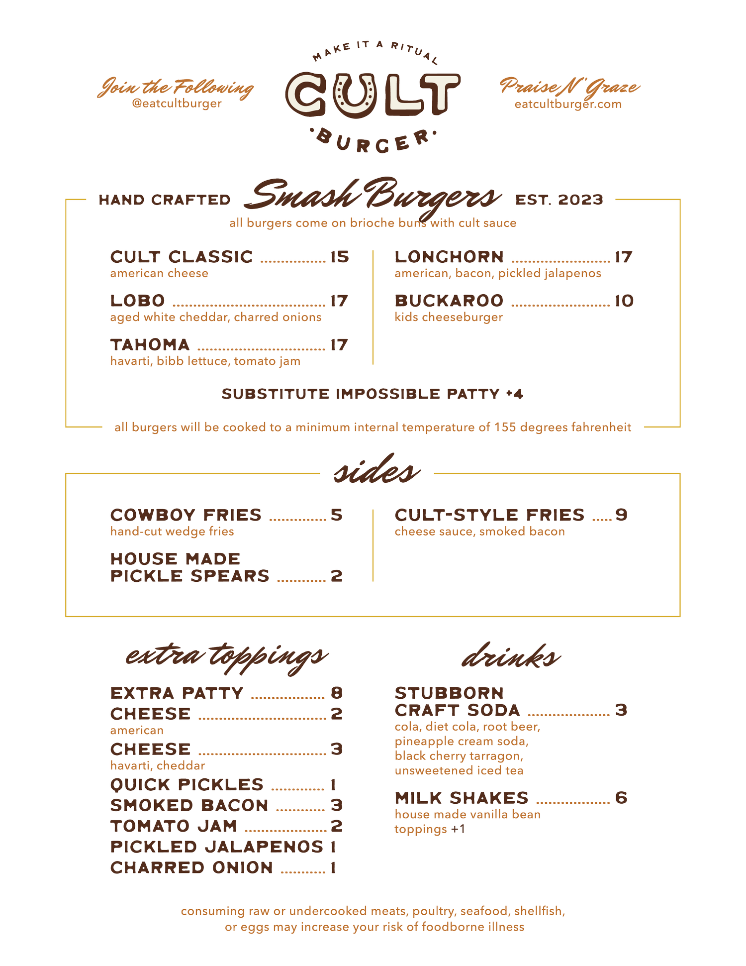 MENU — CULT BURGER