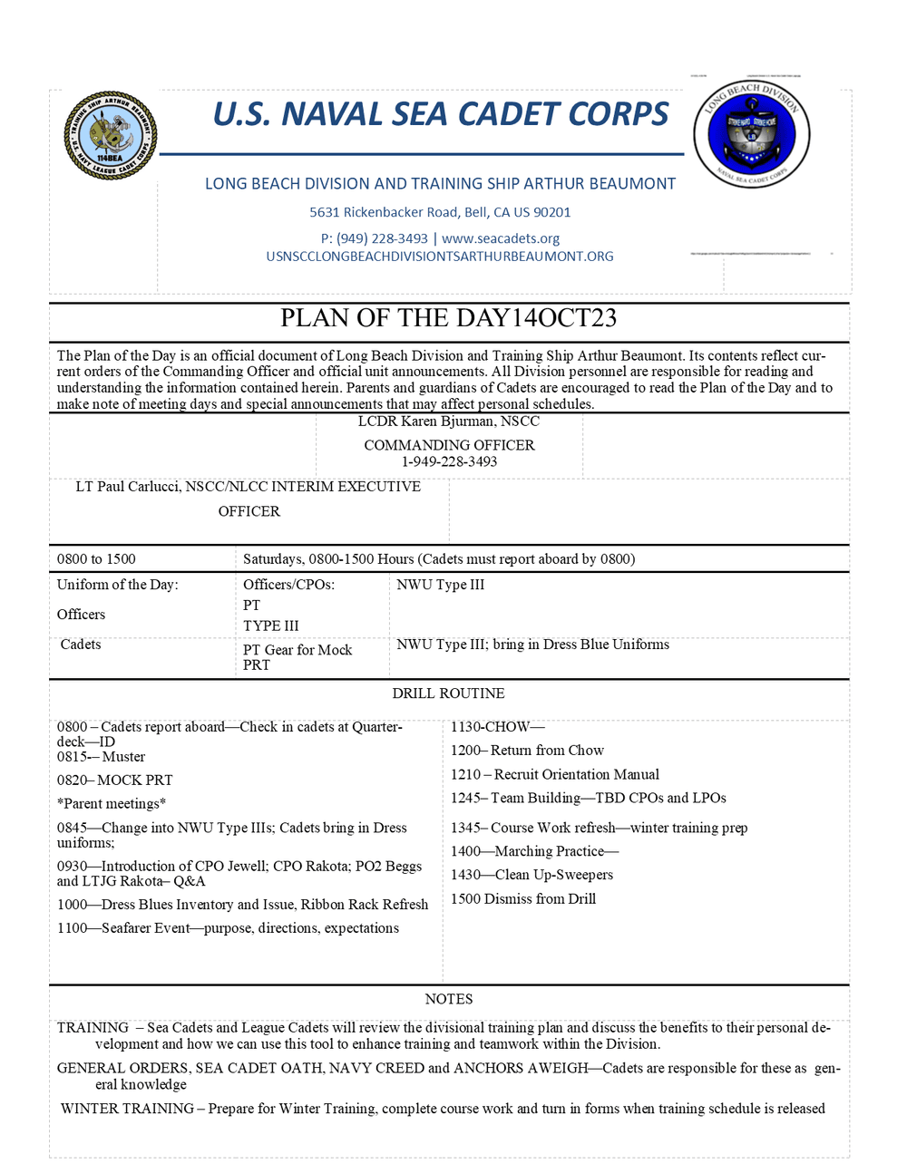 Calendar — USNSCC Long Beach Division/TS Arthur Beaumont