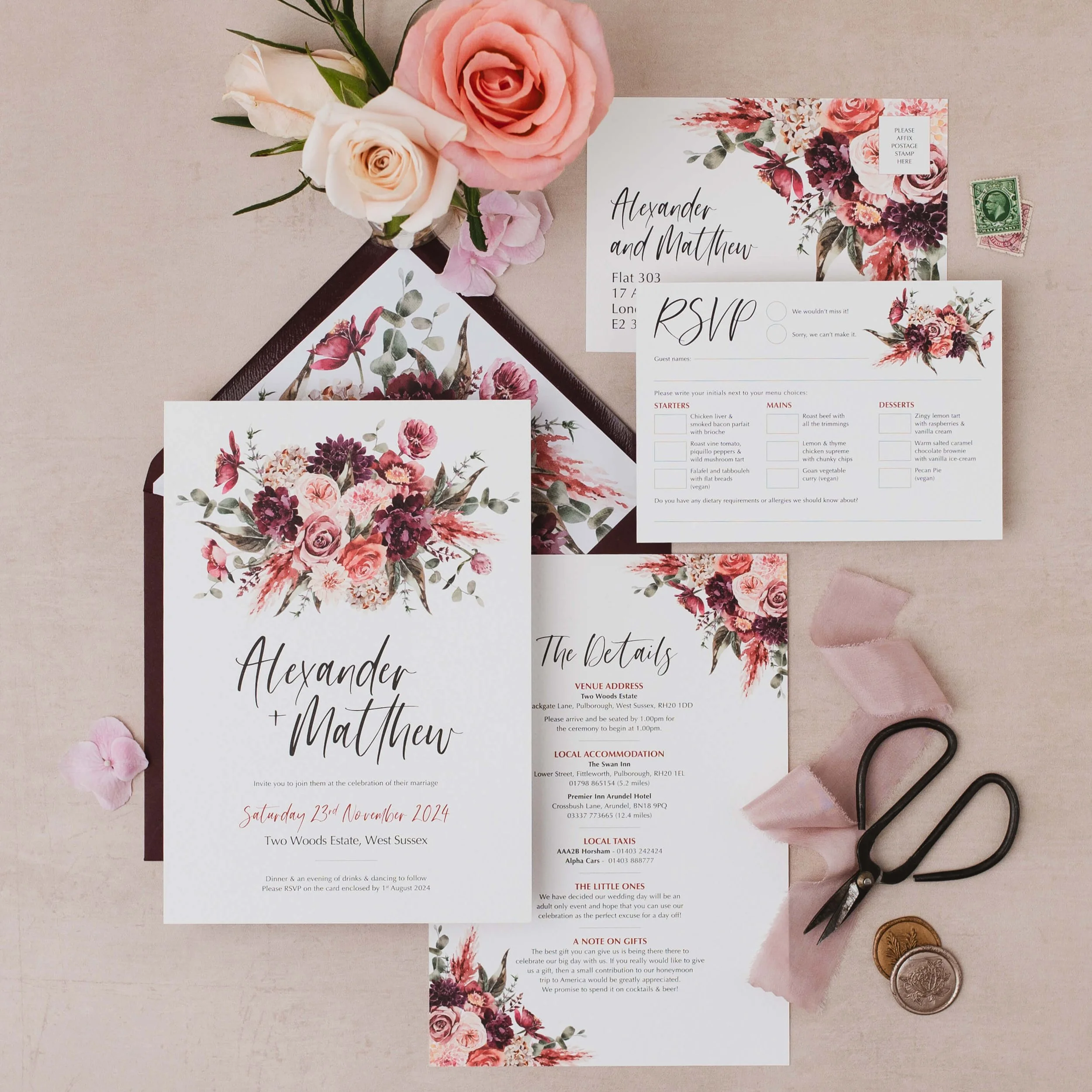 The Freya Autumn Burgundy Floral Wedding Stationery Sample Pack