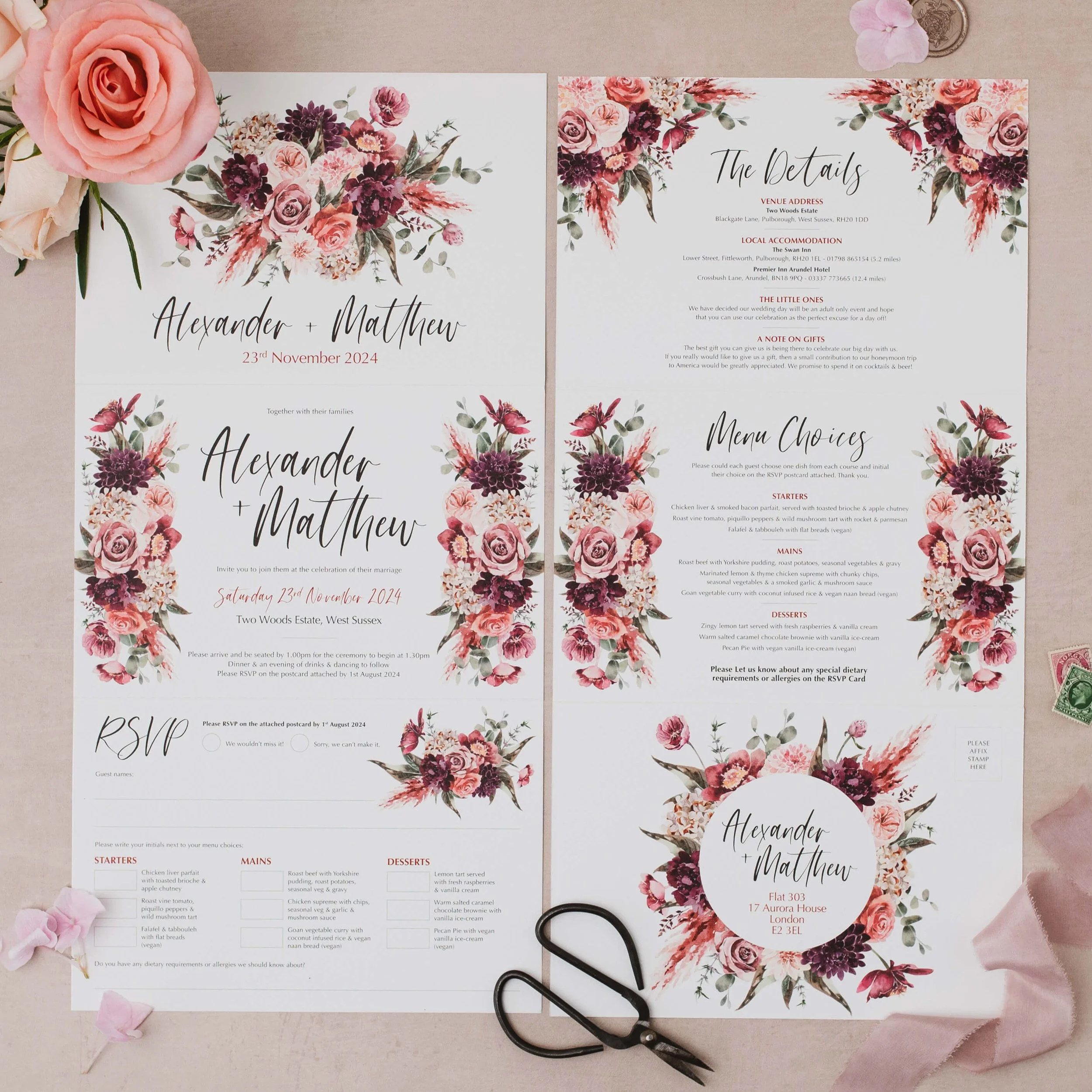 Modern Burgundy & Red Floral Concertina Folded Wedding Invitation