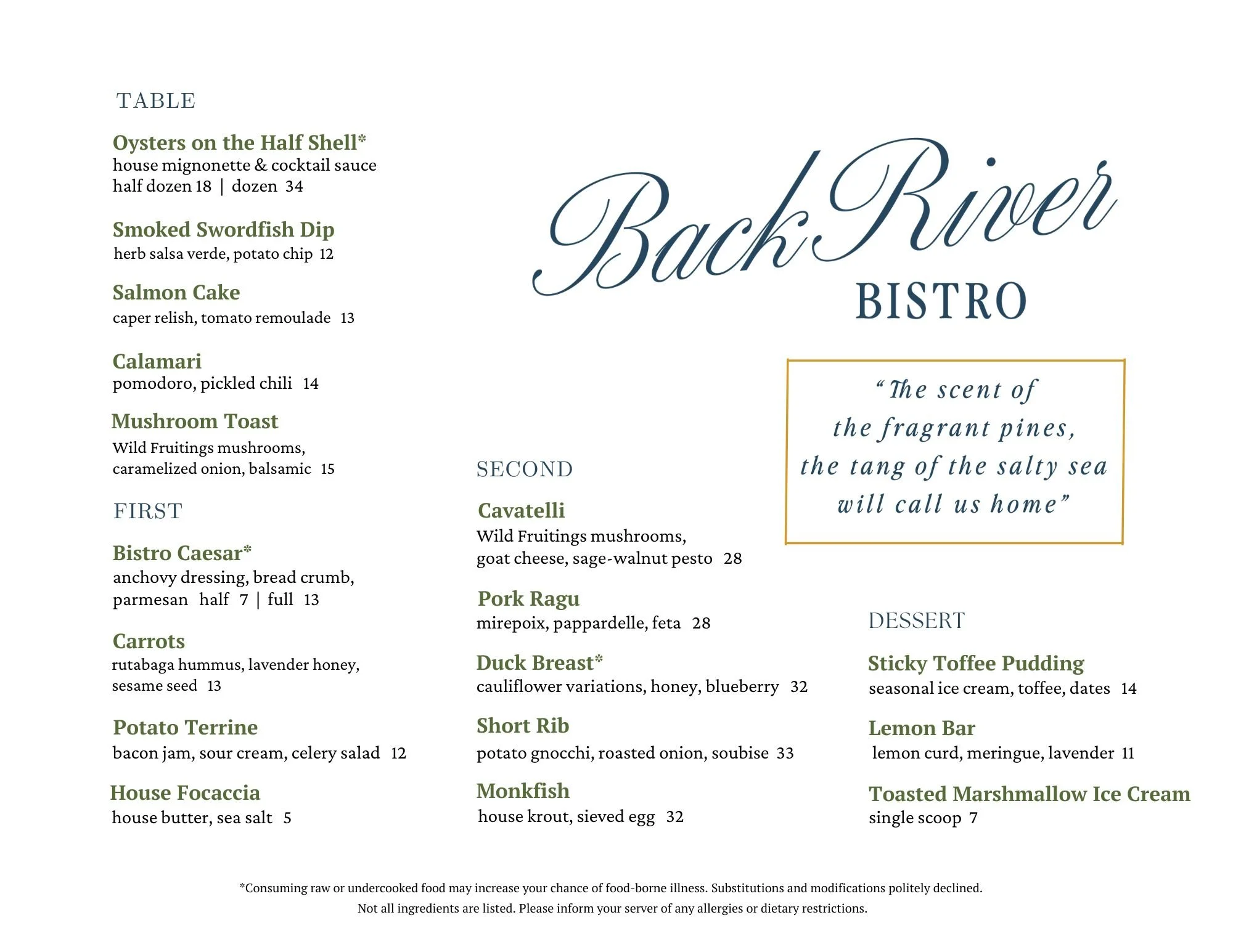 Menu — Back River Bistro