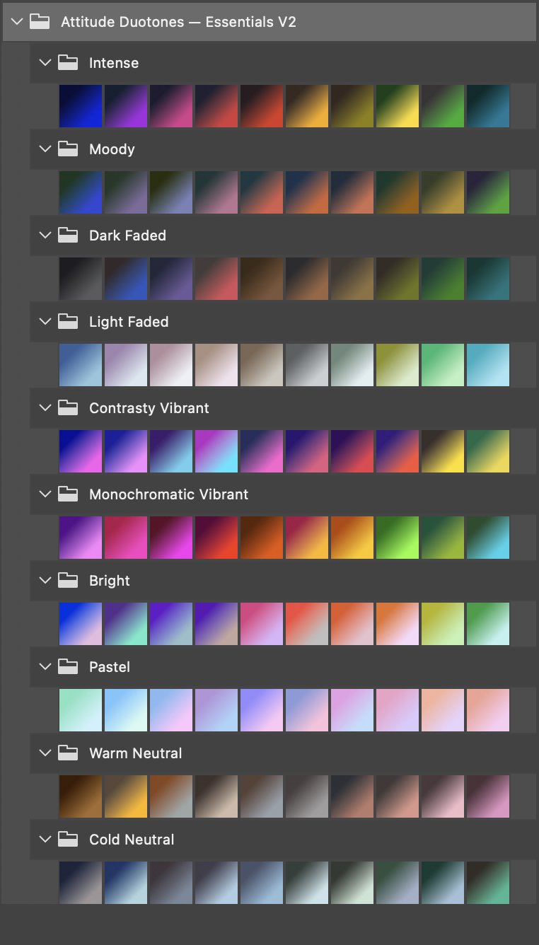 Duotones: Essential Collection V2 — Gradient Map Presets for Adobe Photoshop — Attitude Creative