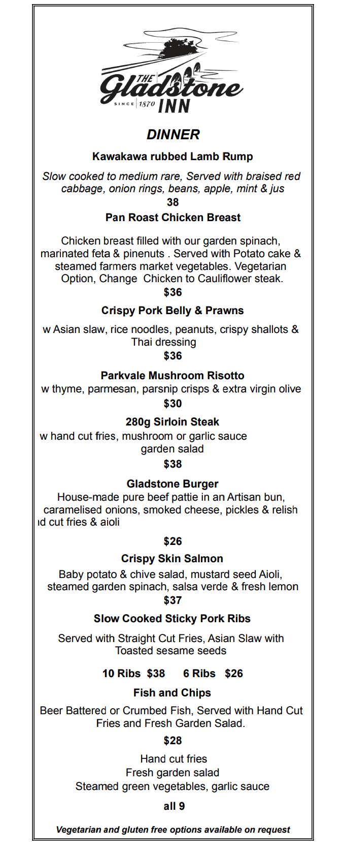 Menu — Gladstone Inn