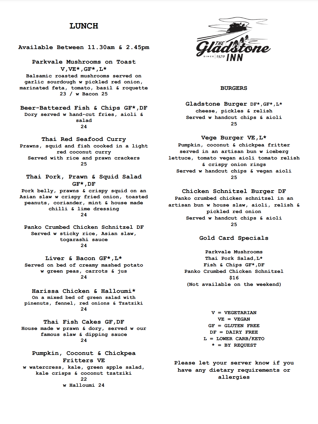 Menu — Gladstone Inn