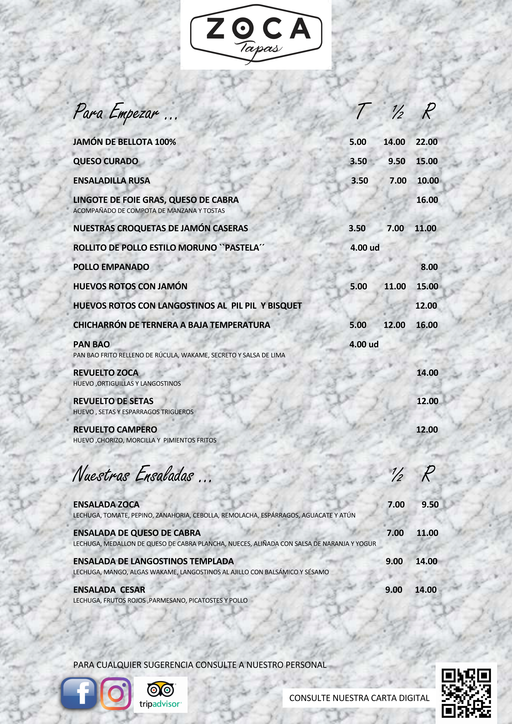 MENU — Zoca Palmones - Tapas