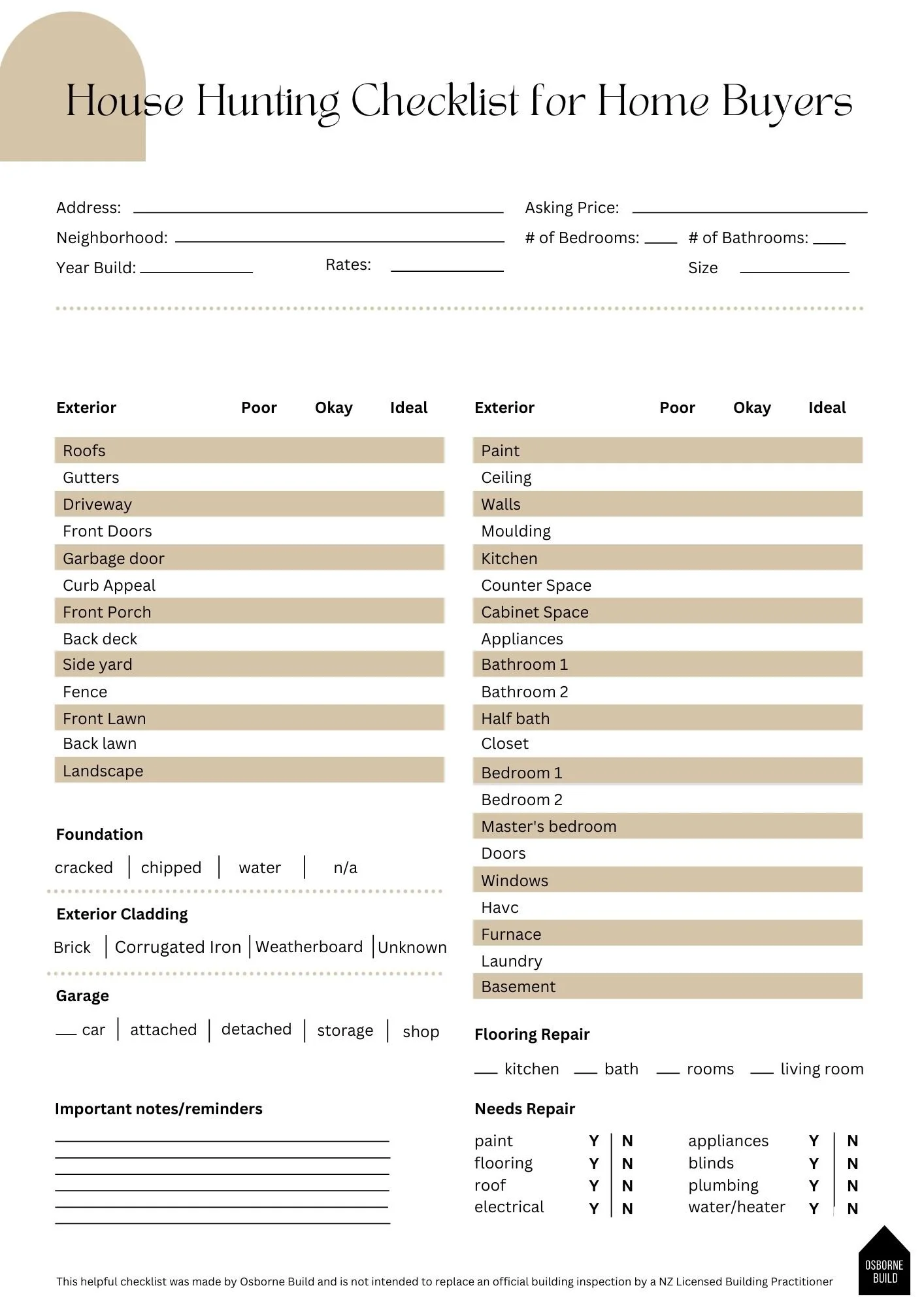 House Hunting Checklist — OSBORNE BUILD