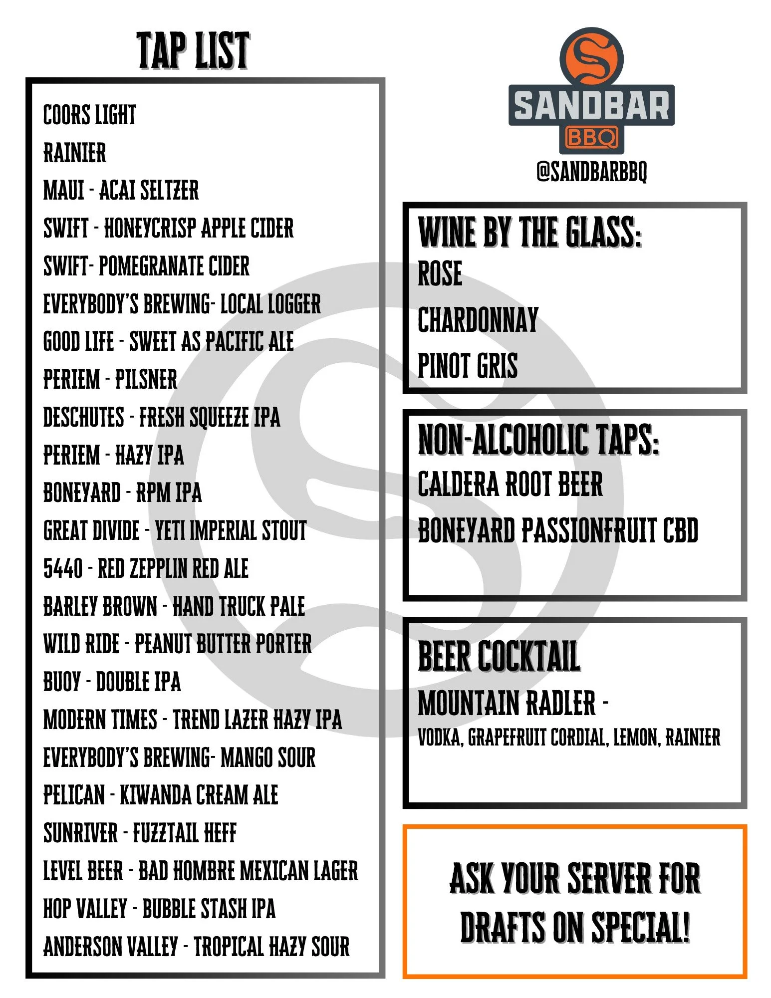 Menu 1 — Sandbar BBQ / Sandy, Oregon