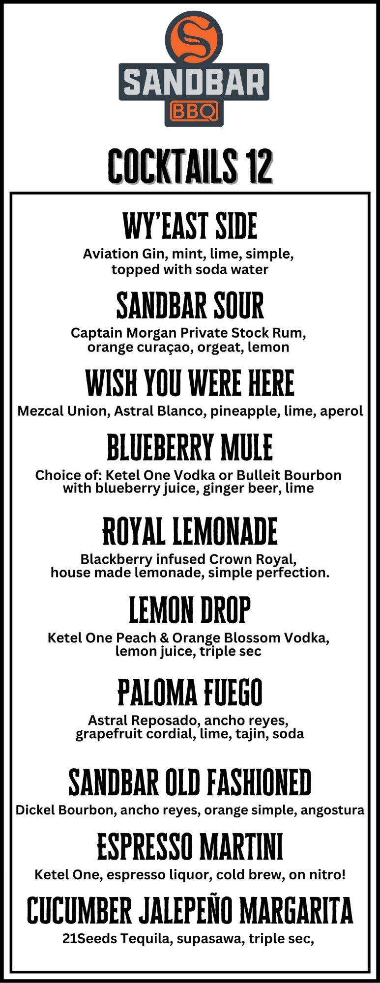 Menu 1 — Sandbar BBQ / Sandy, Oregon