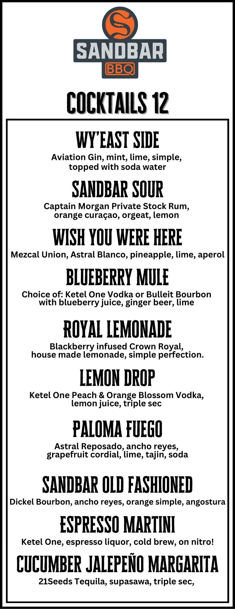 Menu 1 — Sandbar BBQ / Sandy, Oregon