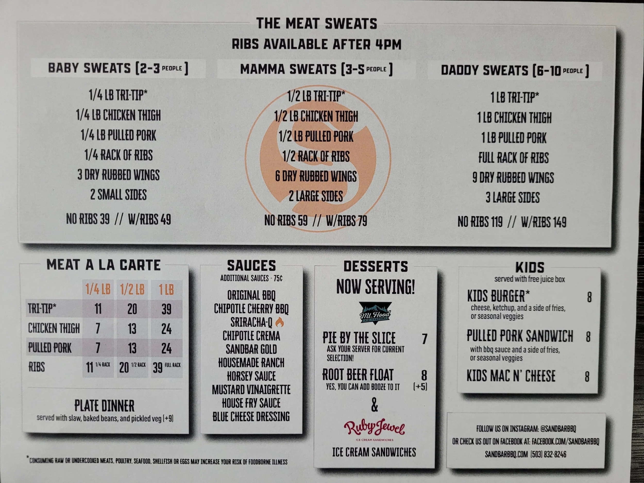 Food Menu — Sandbar BBQ / Sandy, Oregon