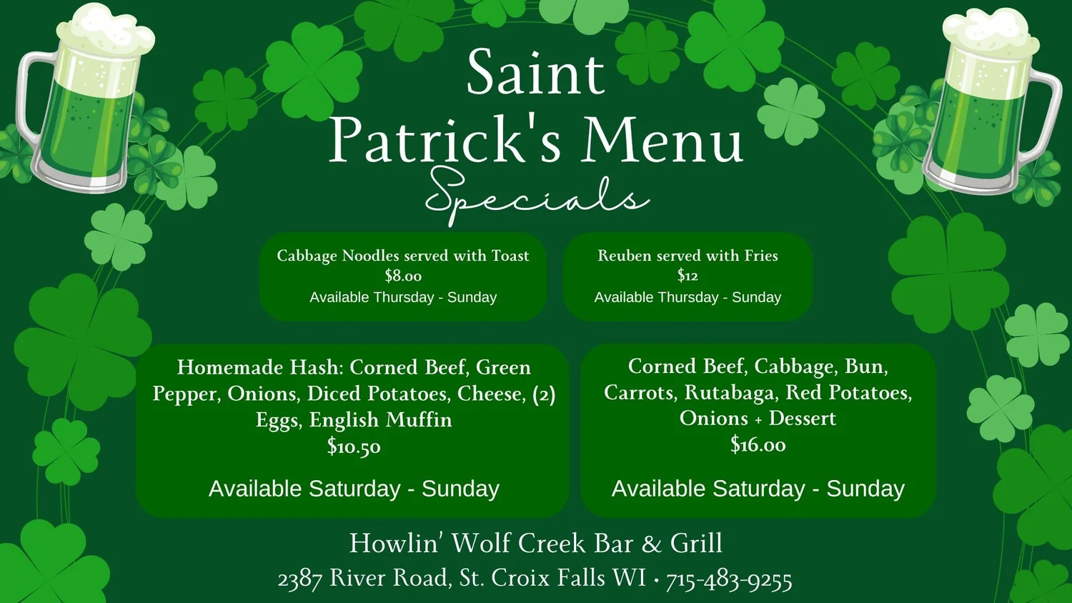 St. Patrick's Menu Specials — Howlin Wolf Creek Bar & Grill