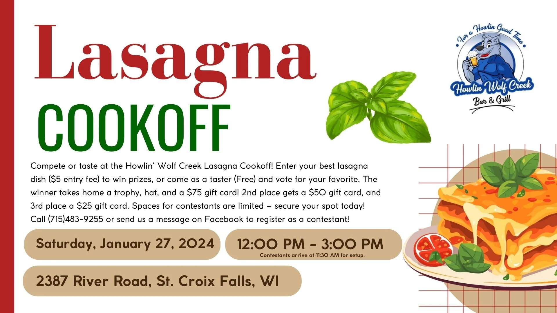 Lasagna Cookoff — Howlin Wolf Creek Bar & Grill