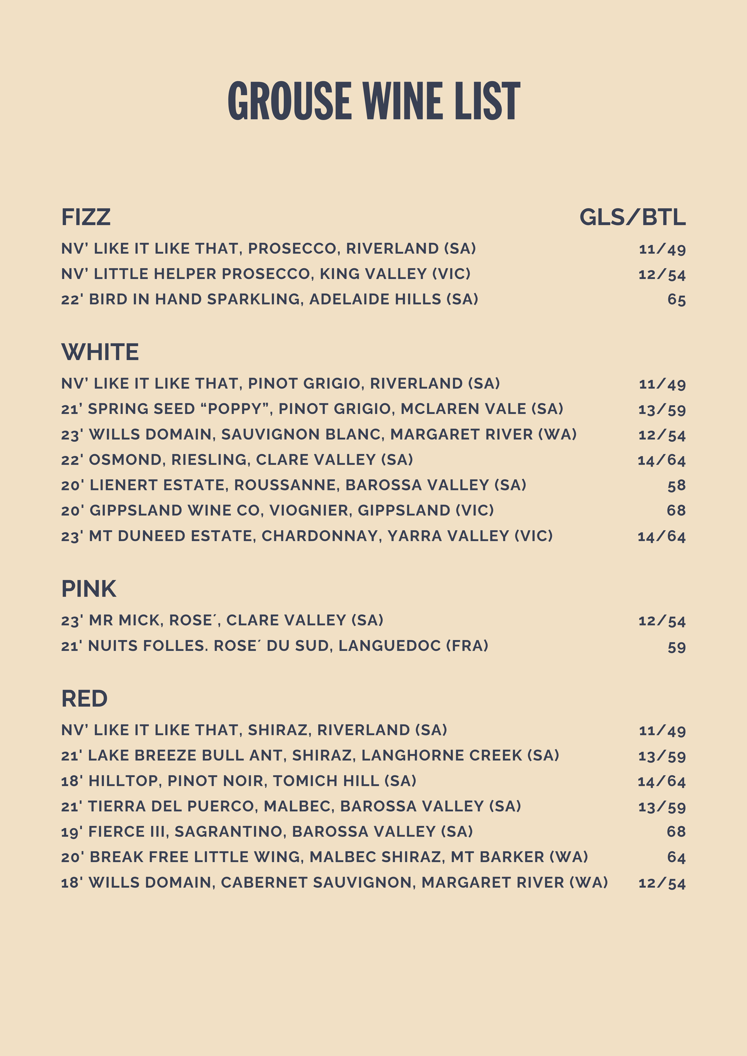 Menus — Grouse Melbourne
