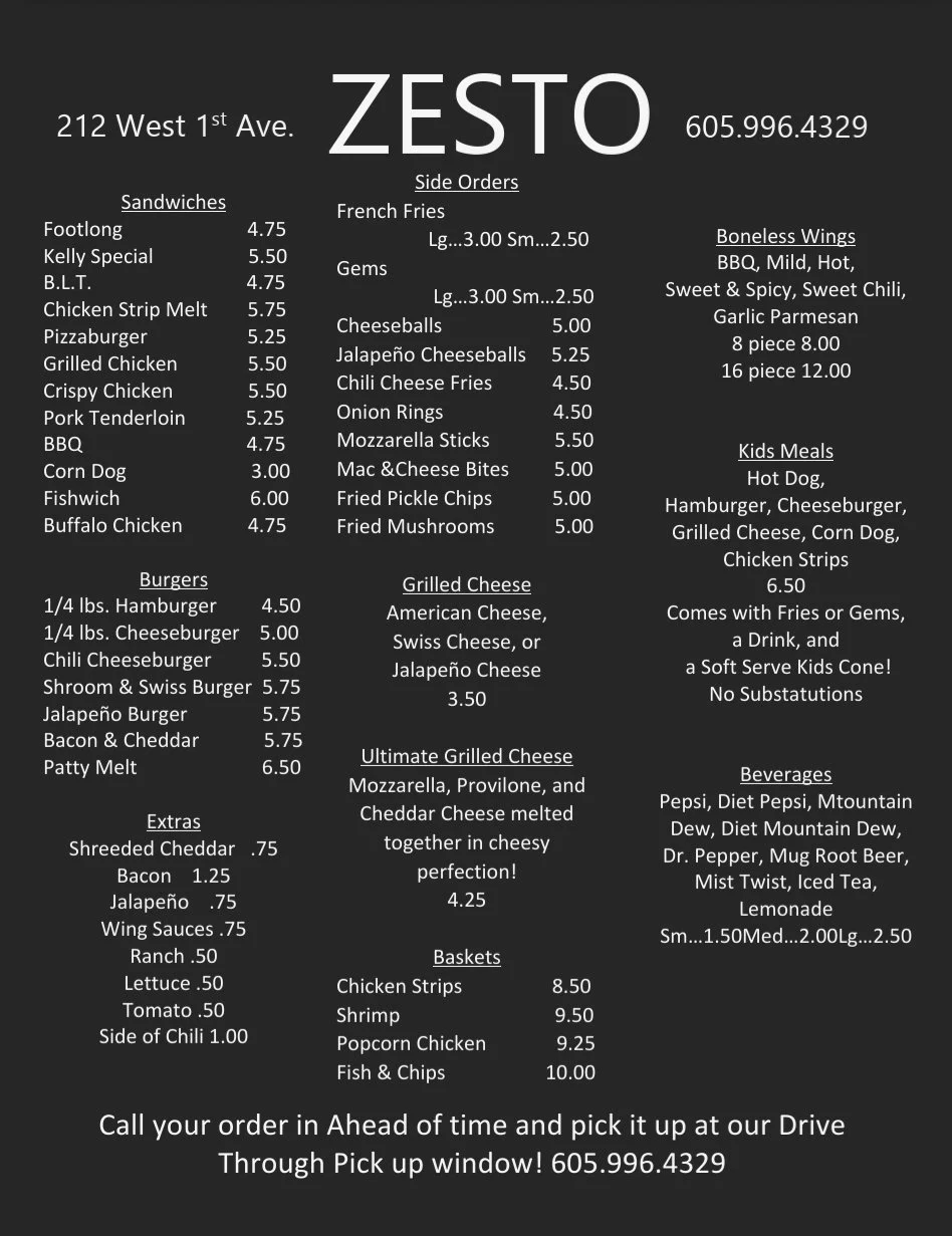 Menu — Mitchell's Zesto