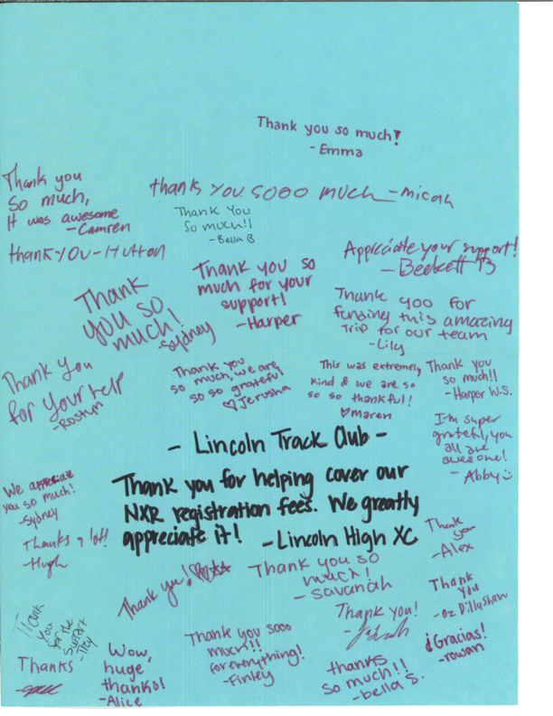 Thank you from the Lincoln High School to the Lincoln Track Club ...