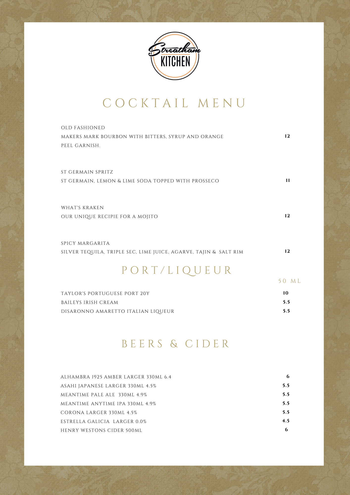 Beverage Menu — Streatham Kitchen