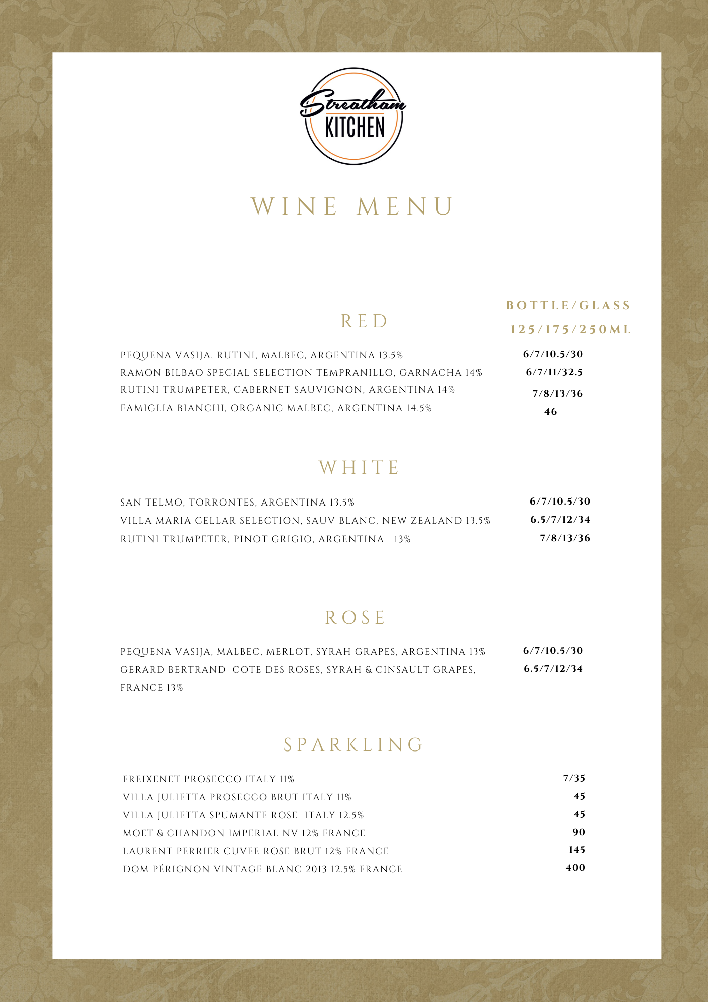 Beverage Menu — Streatham Kitchen