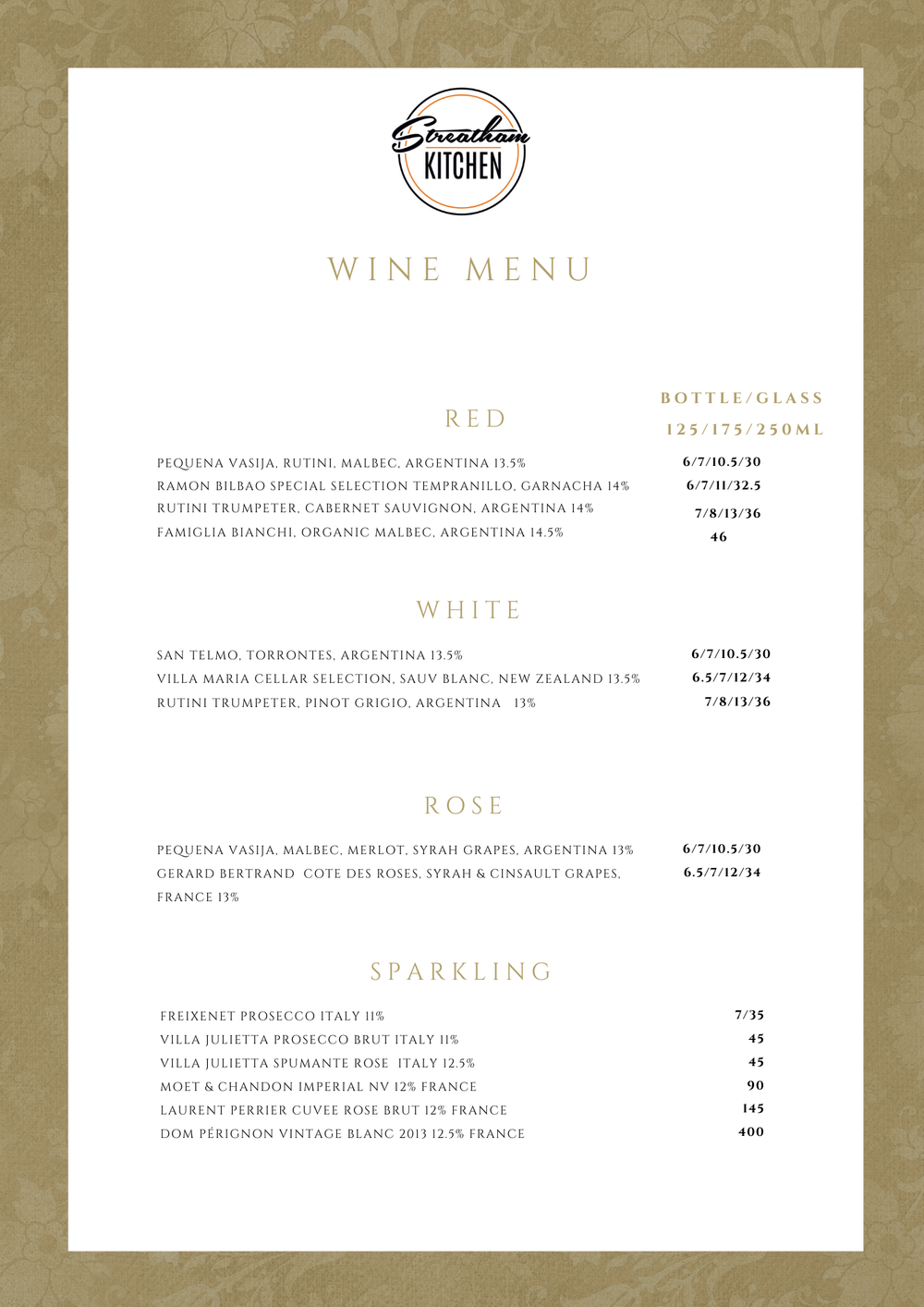 Beverage Menu — Streatham Kitchen