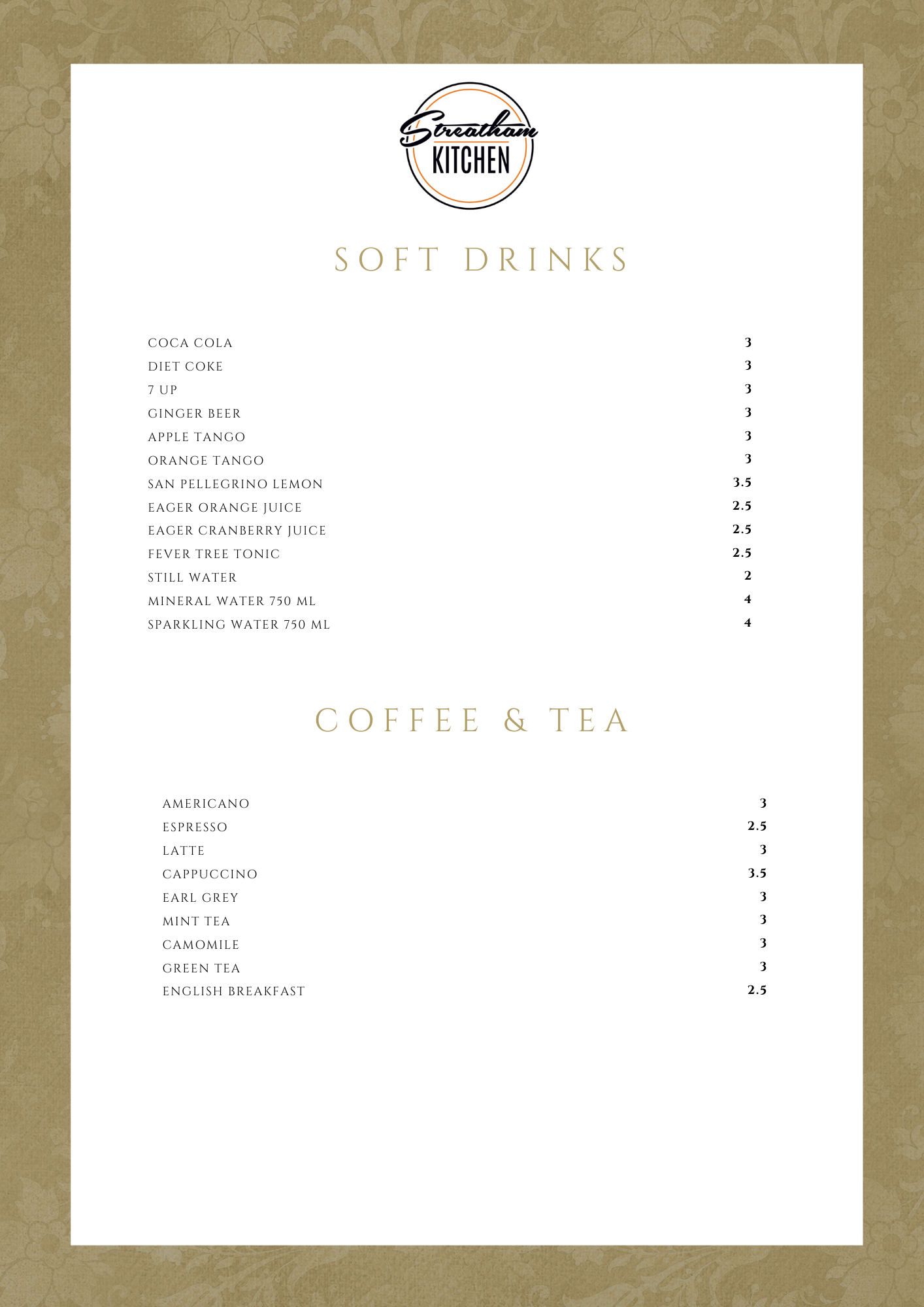 Beverage Menu — Streatham Kitchen
