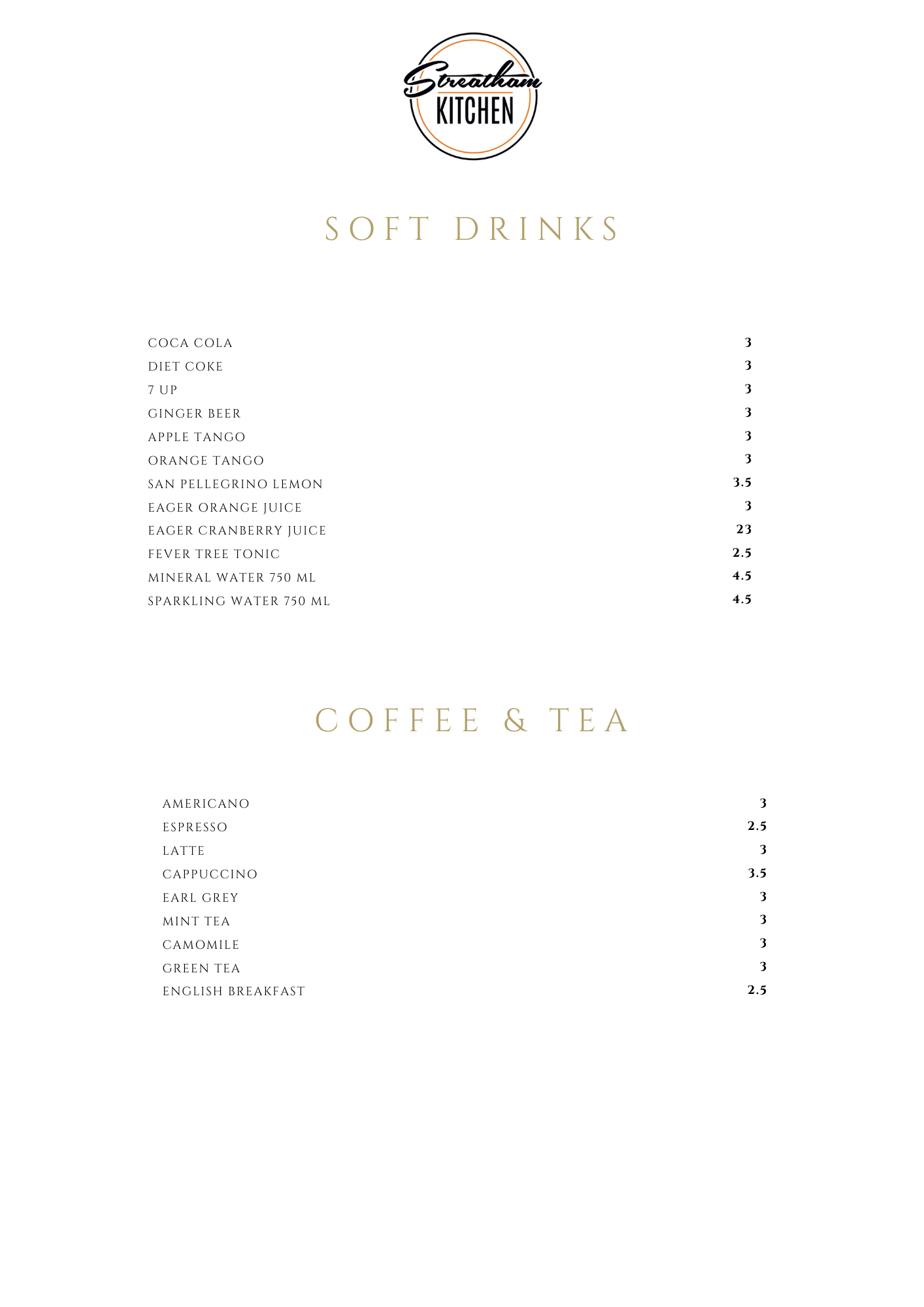 Beverage Menu — Streatham Kitchen