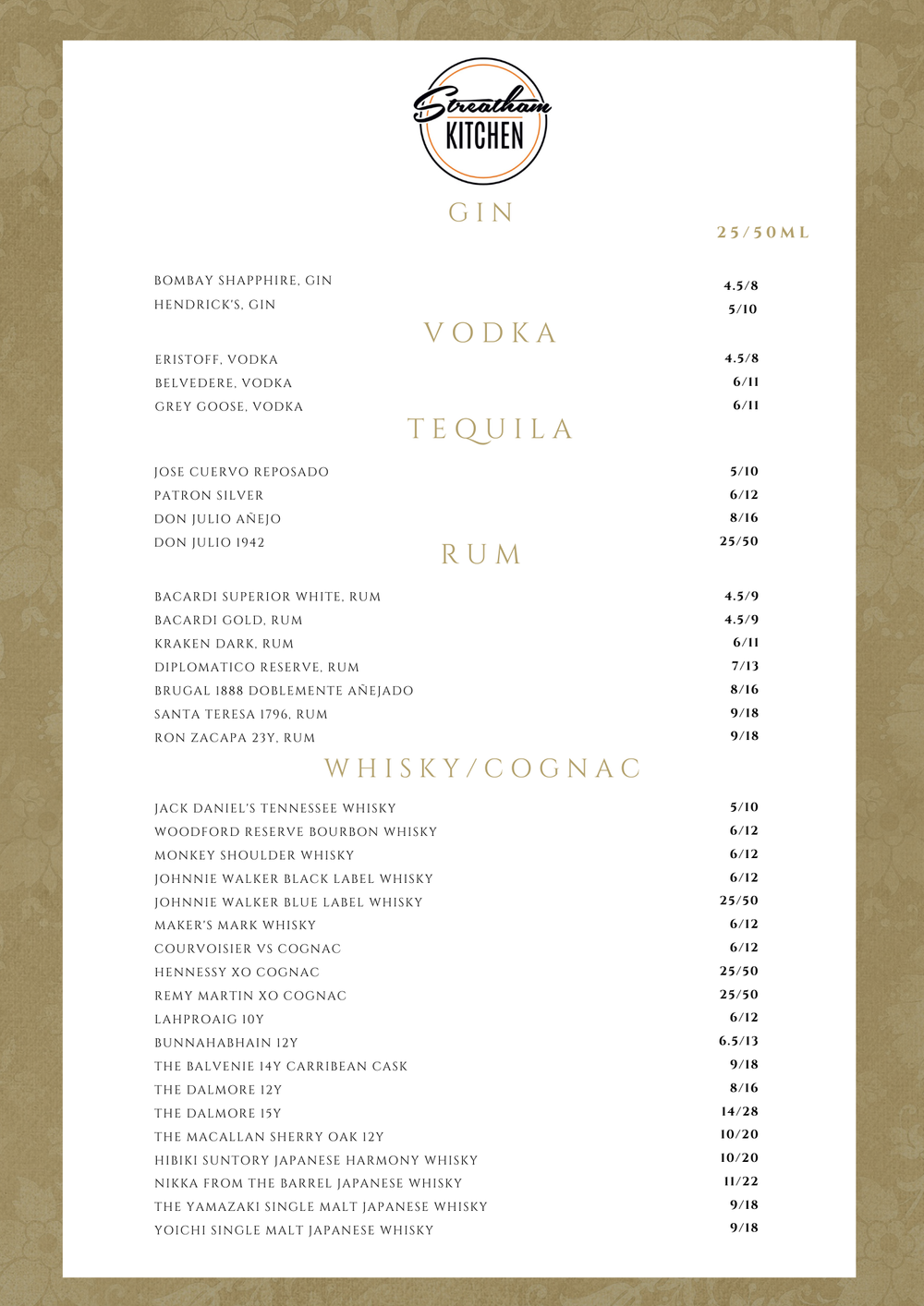 Beverage Menu — Streatham Kitchen