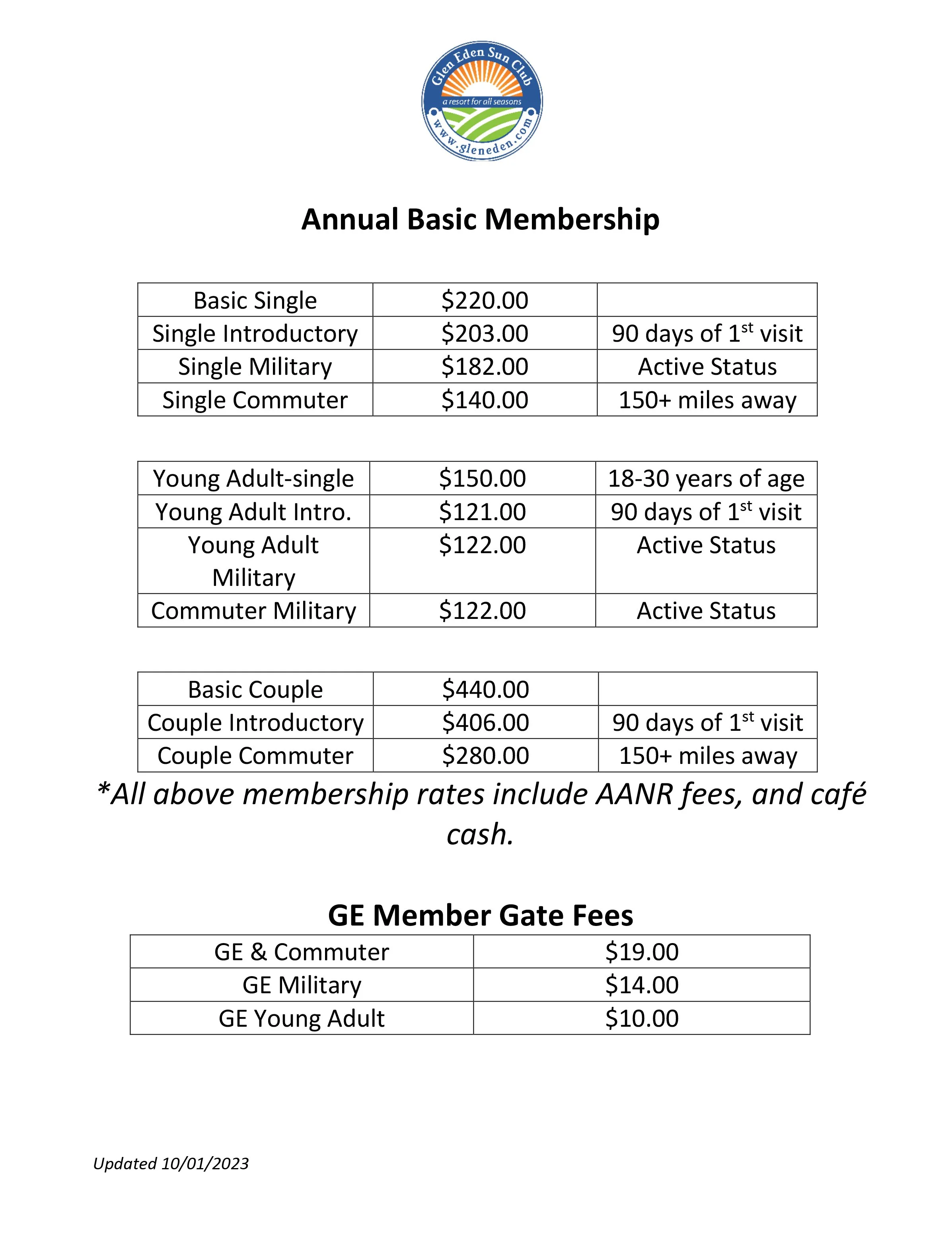 Membership Rates — Glen Eden Sun Club