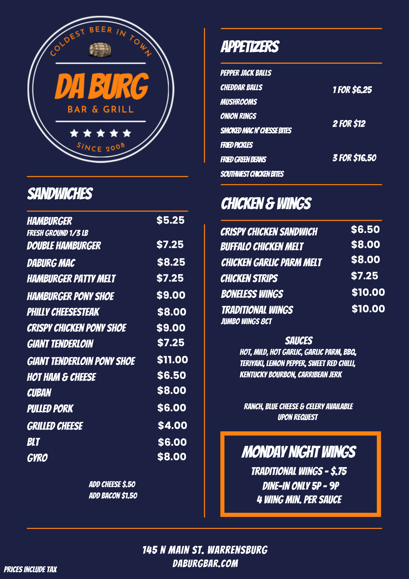 Menu — Da Burg Bar & Grill