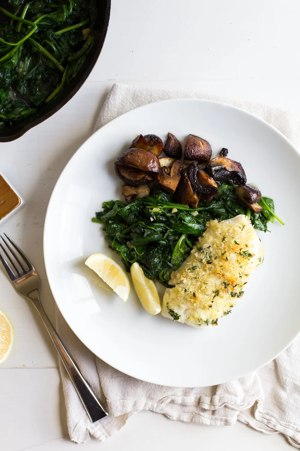 Panko-Crusted Pacific Cod with Roasted Mushrooms + Sauteed Spinach [and ...