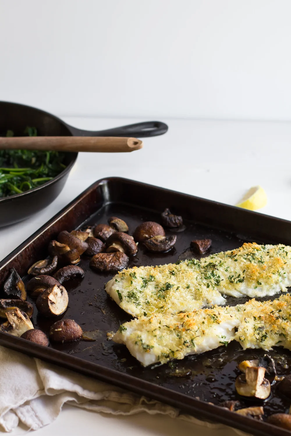Panko-Crusted Pacific Cod with Roasted Mushrooms + Sauteed Spinach [and ...