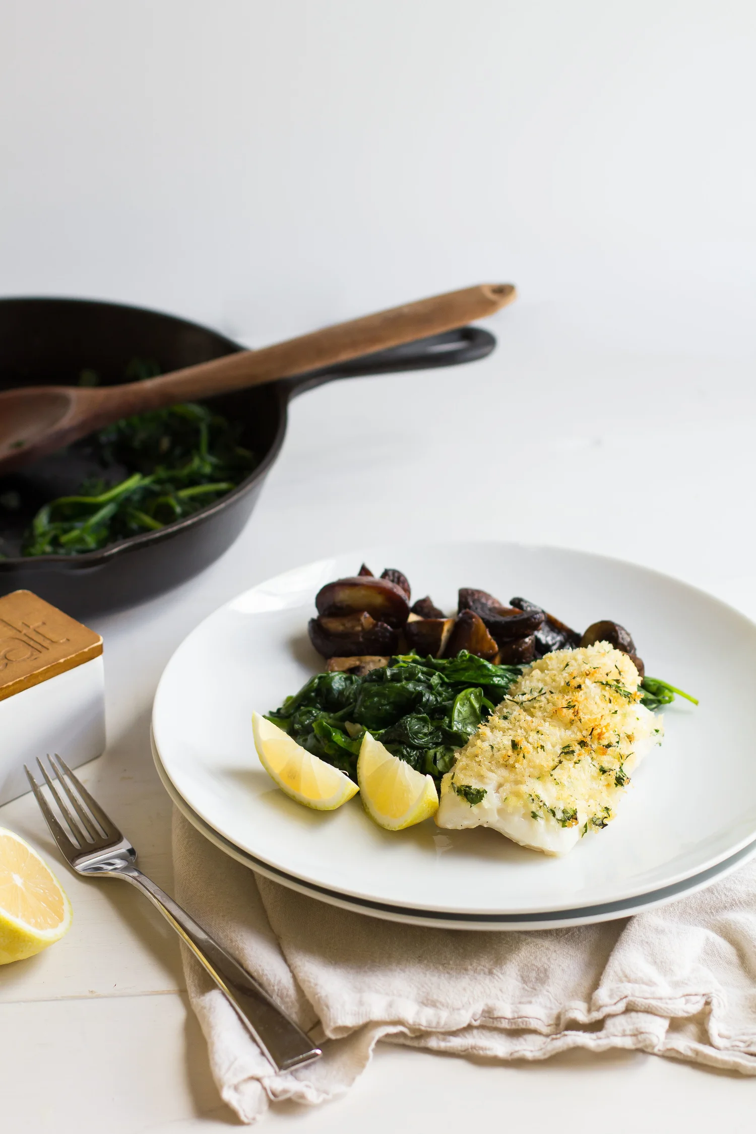 Panko-Crusted Pacific Cod with Roasted Mushrooms + Sauteed Spinach [and ...