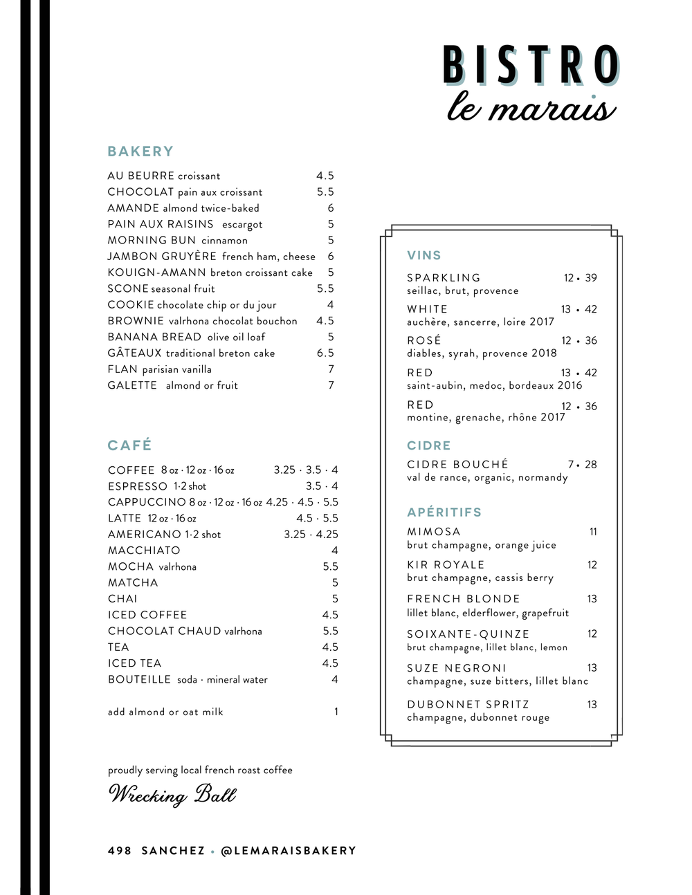 Menus — Le Marais Bakery