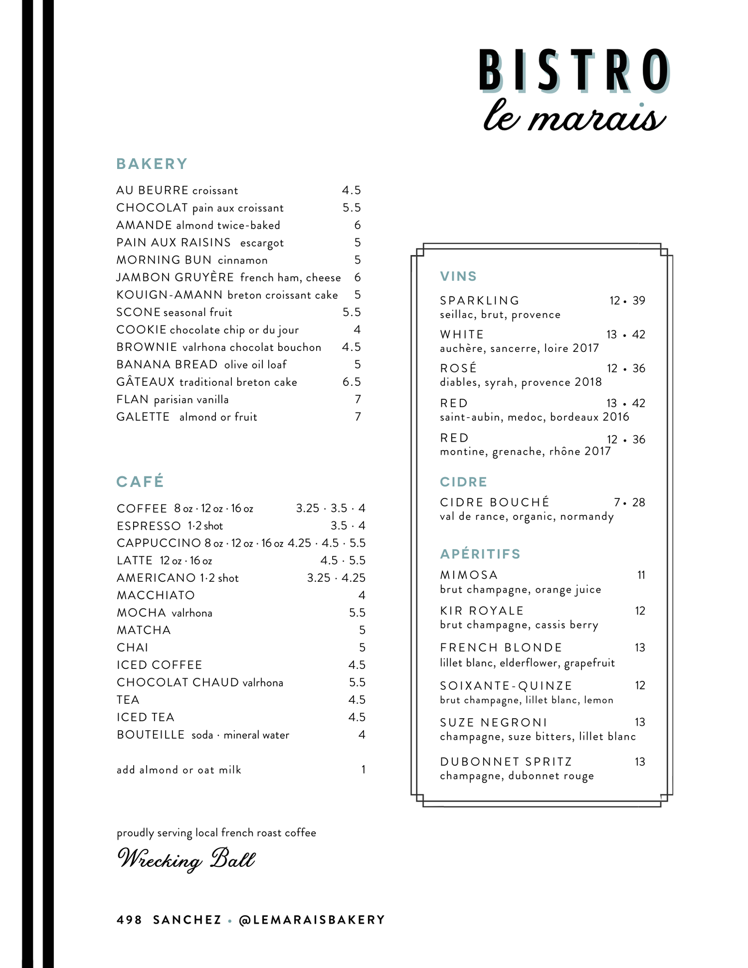 Menus — Le Marais Bakery