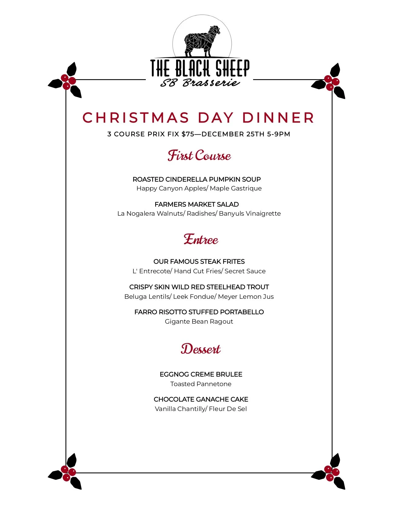 Christmas Menu | The Black Sheep Restaurant + Bar