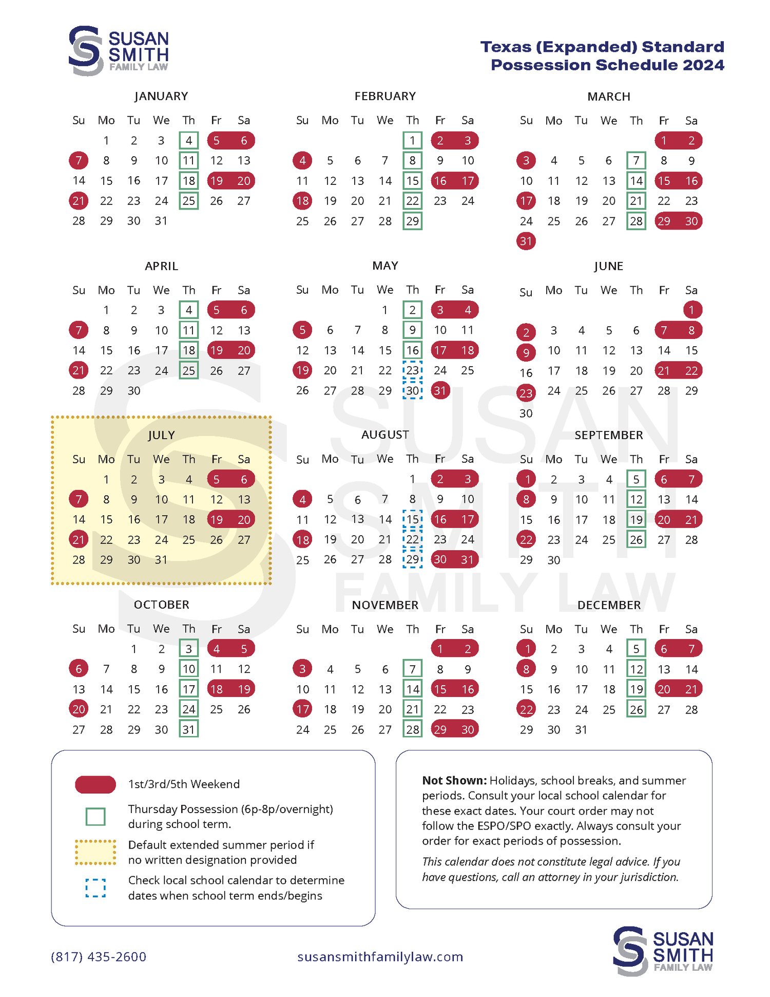 2024 (Expanded) Standard Possession Calendar — Susan Smith Family Law