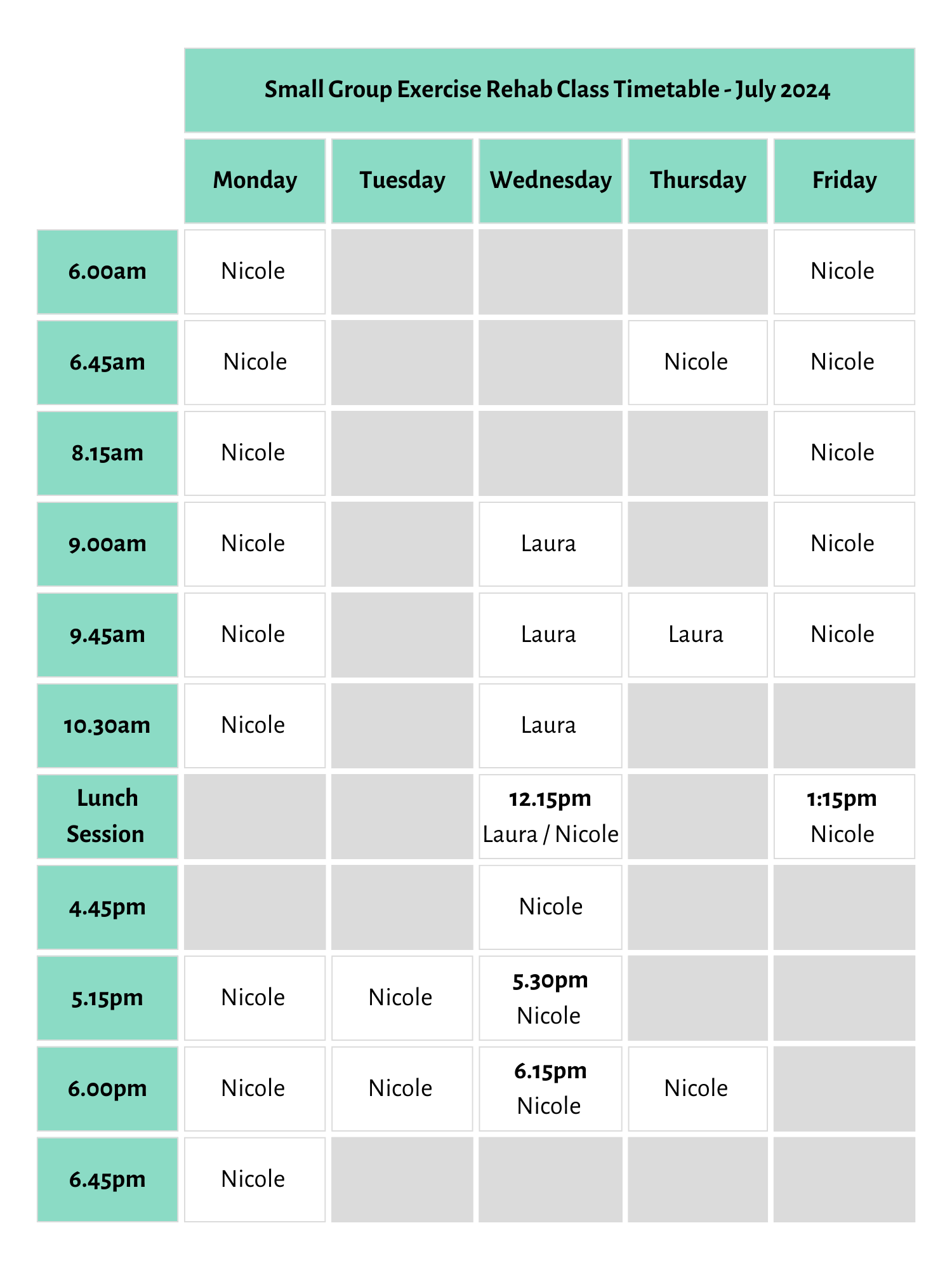Group Exercise Timetable — Embrace Movement Clinic