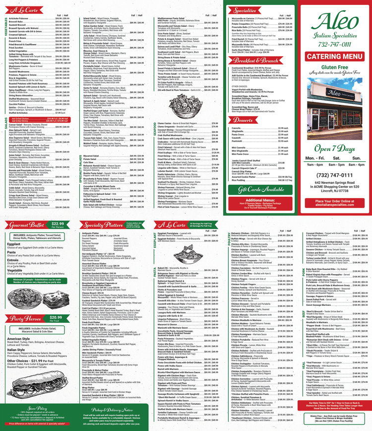 Menus — Aleo Italian Specialties