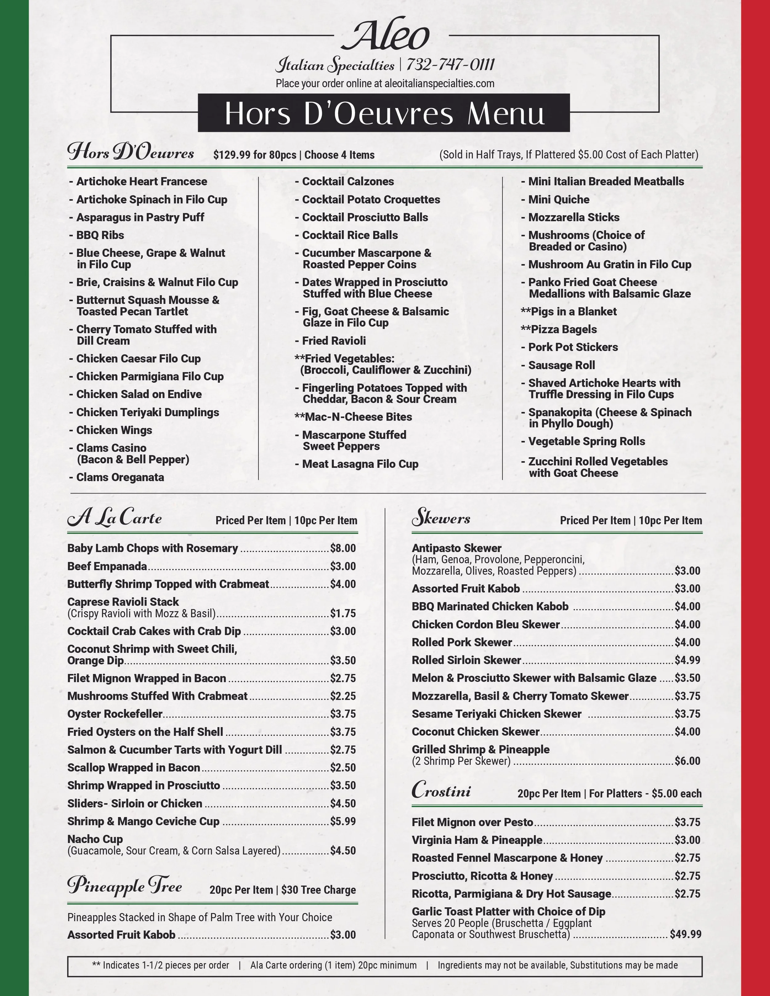 Menus — Aleo Italian Specialties