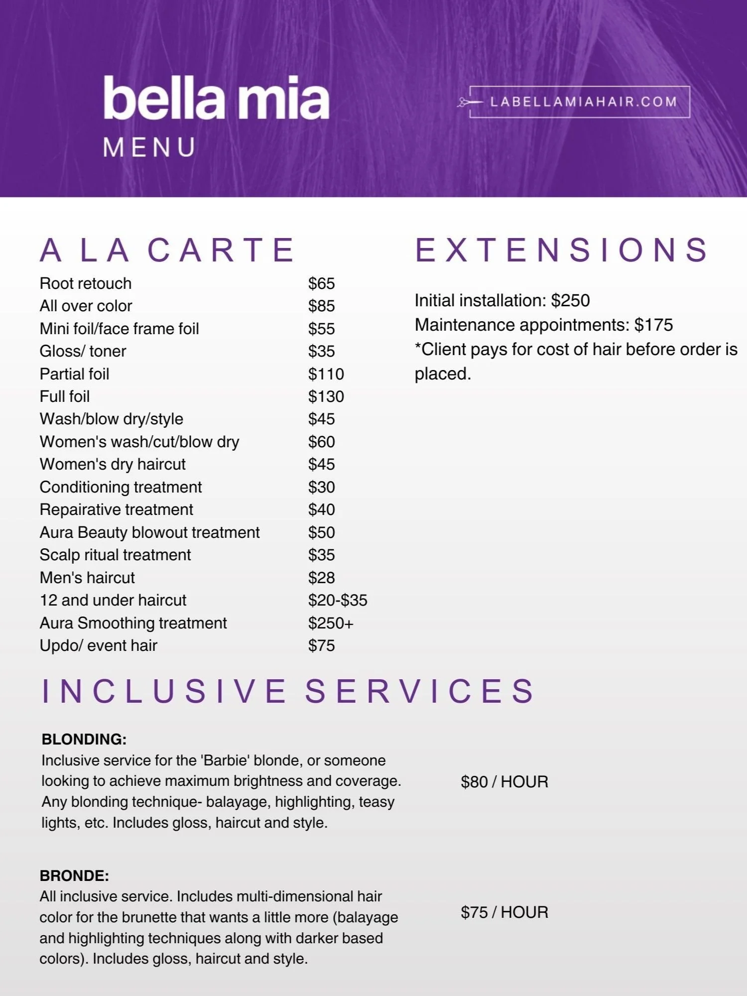 Menu 1 — Bella Mia Hair