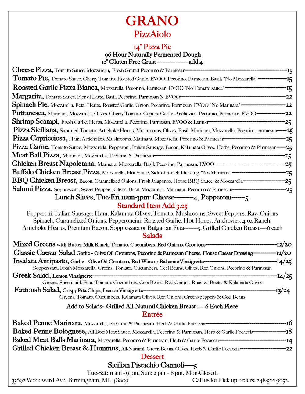 Menu — Grano PizzAiolo